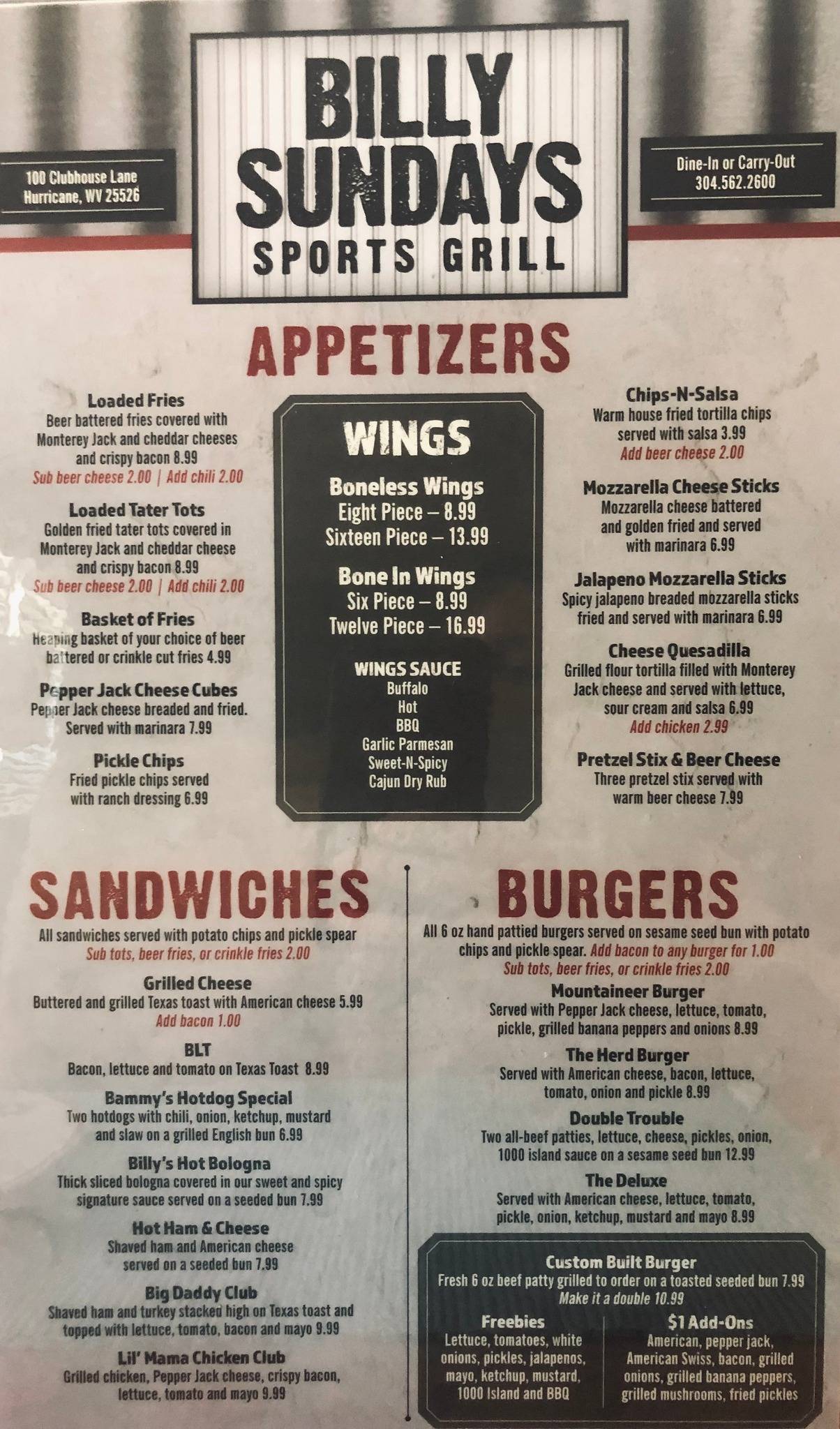 Menu at Billy Sunday's Sports Grill pub & bar, Hurricane