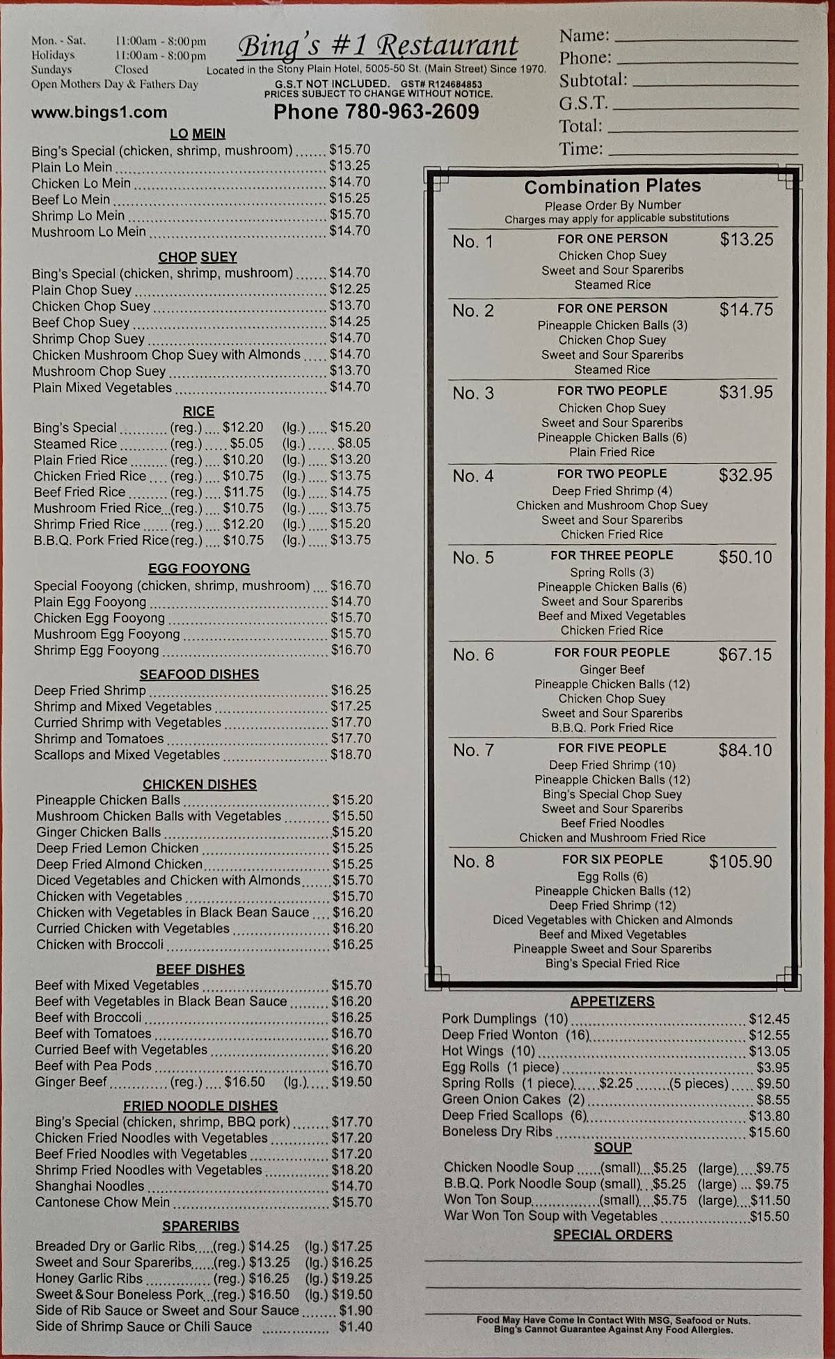 Menu at Bing's #1 Restaurant Stony Plain, Stony Plain, 50 St