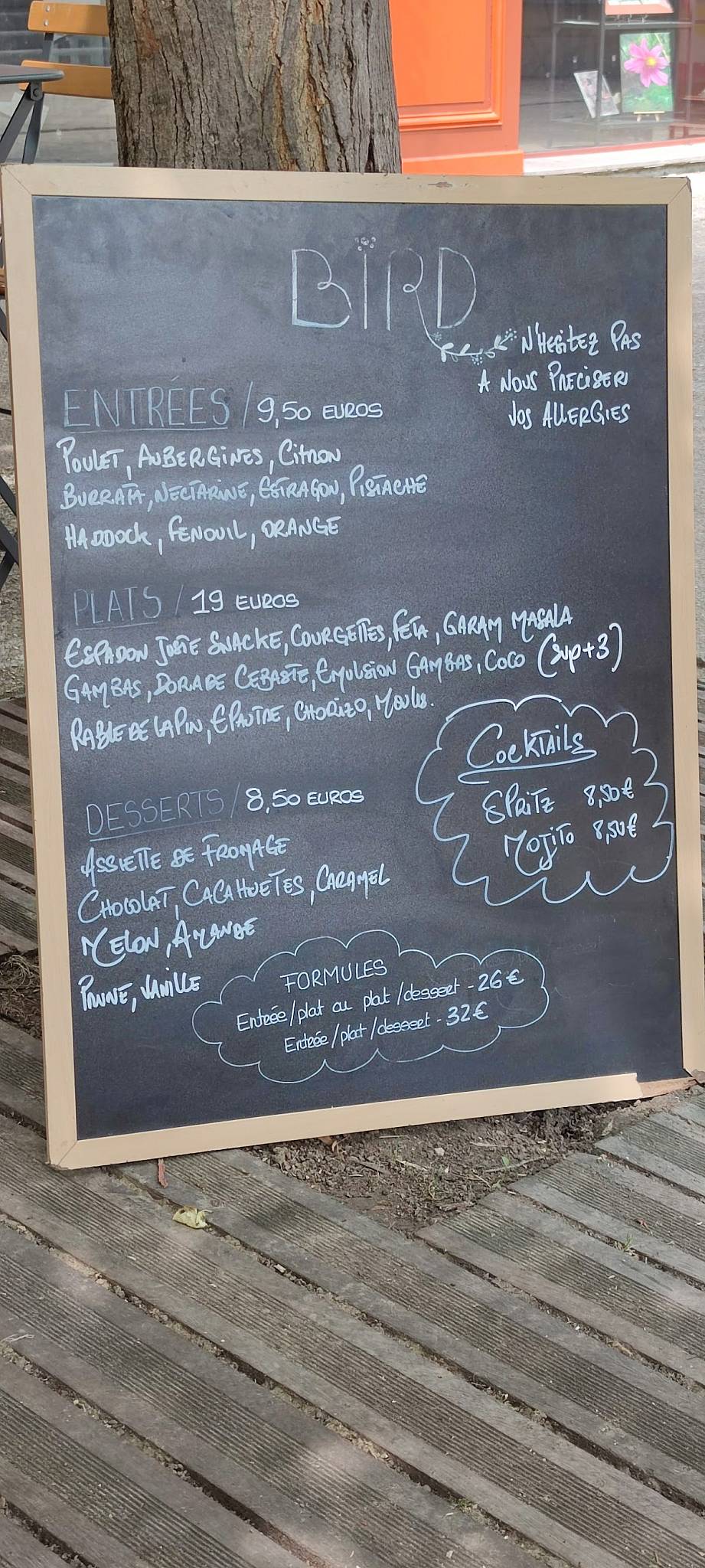 Menu au Bird restaurant, Yerres