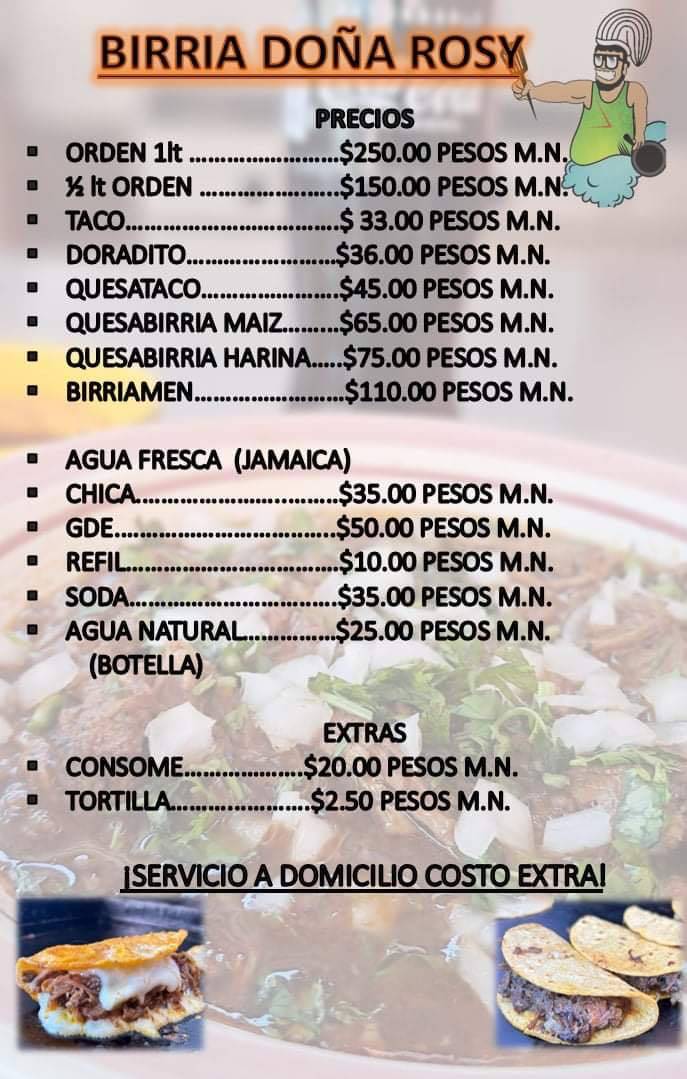 Menu at Birria Doña Rosy restaurant, Mexicali