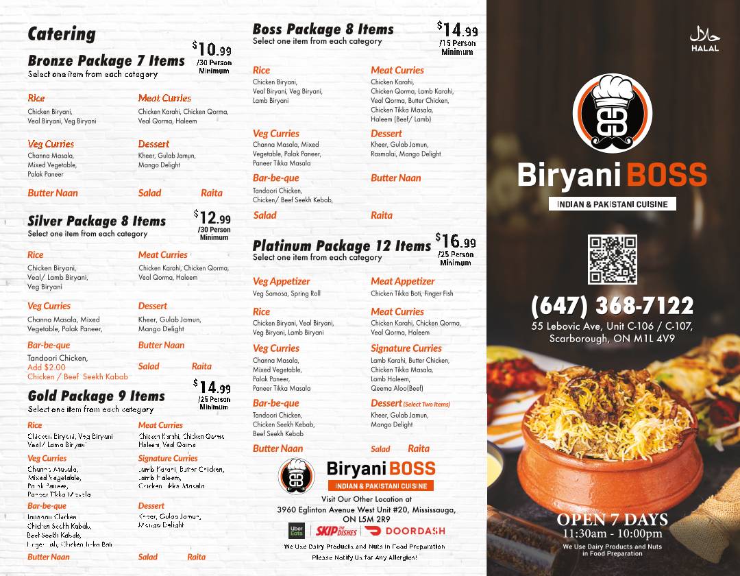 Menu au Biryani Boss Scarborough restaurant, Toronto, 55 Lebovic Ave