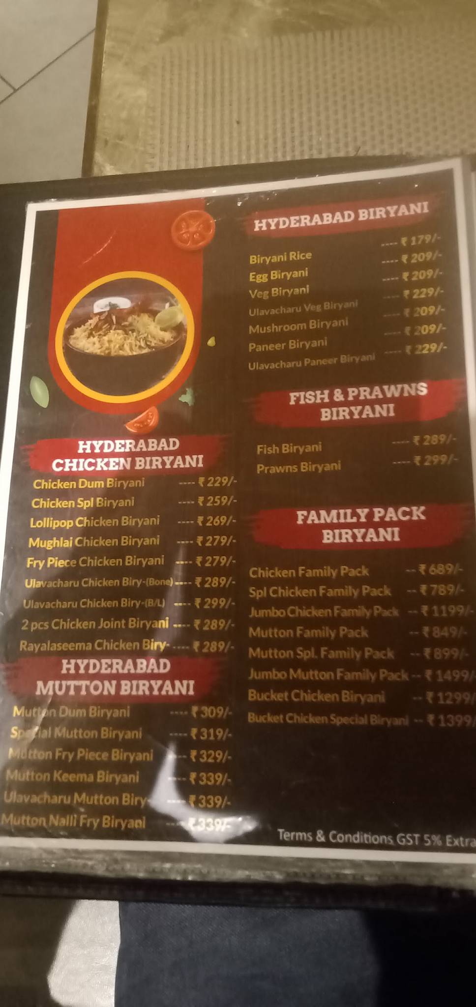 Menu at Biryaniwala, Tirupati