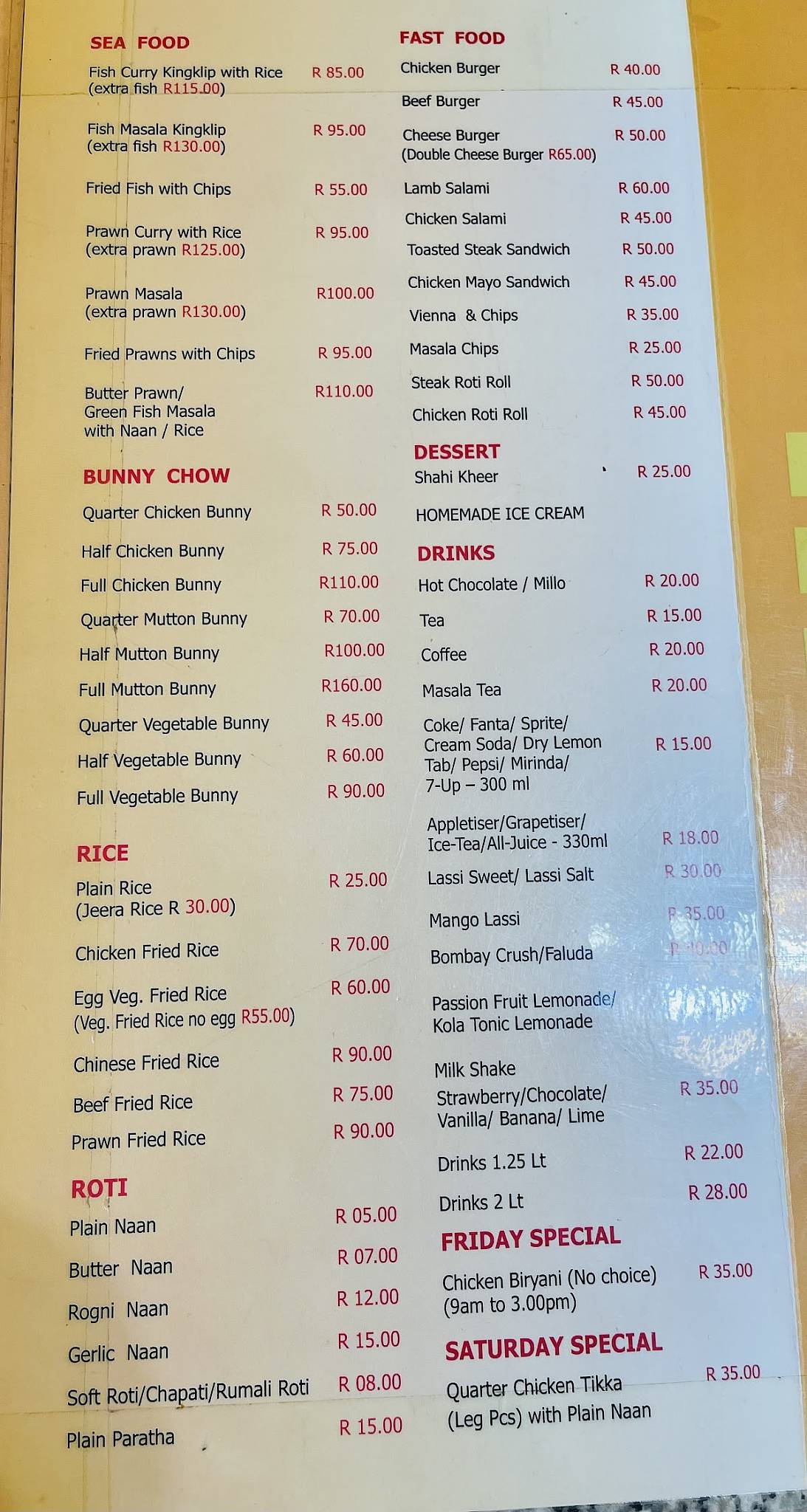 Menu at Bismillah Restaurant, Lenasia South, Ennerdale