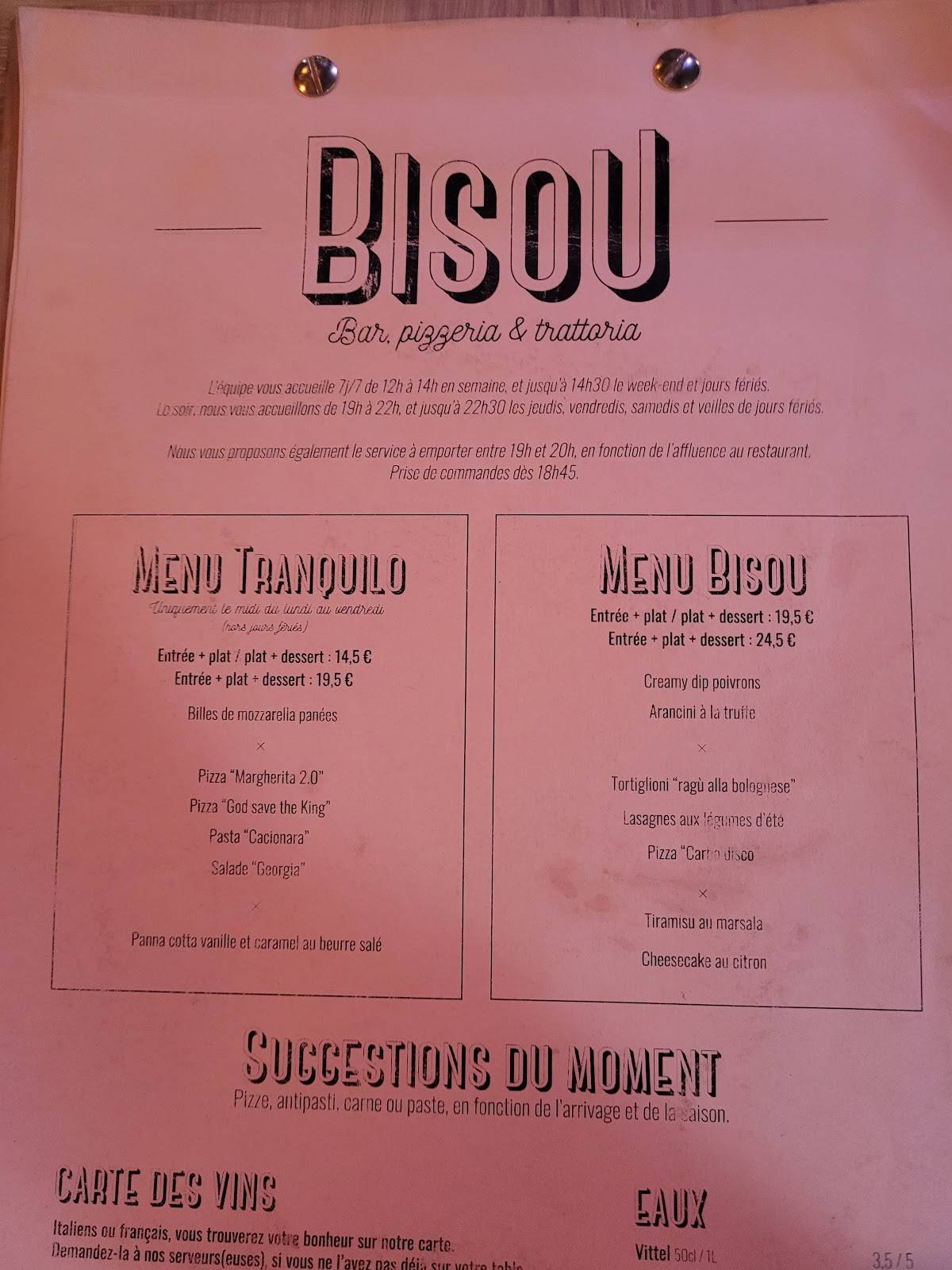 Menu at Bisou restaurant, Rouen