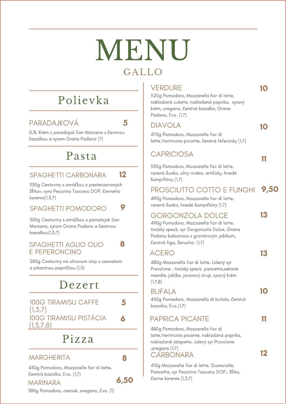 Speisekarte von Bistro Gallo restaurant, Trnava