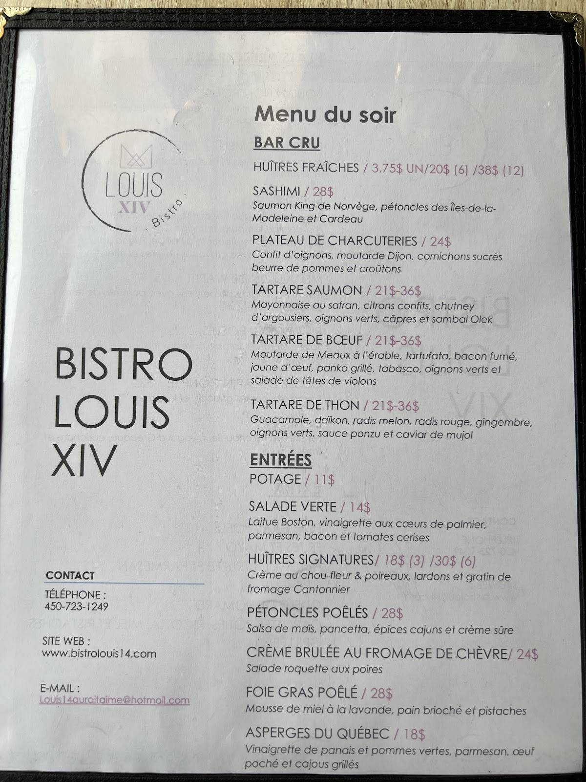 Menu au Bistro Louis XIV restaurant, Saint-Bruno-de-Montarville