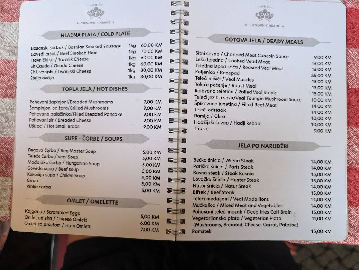 Menu at Bistro Sami restaurant, Sarajevo