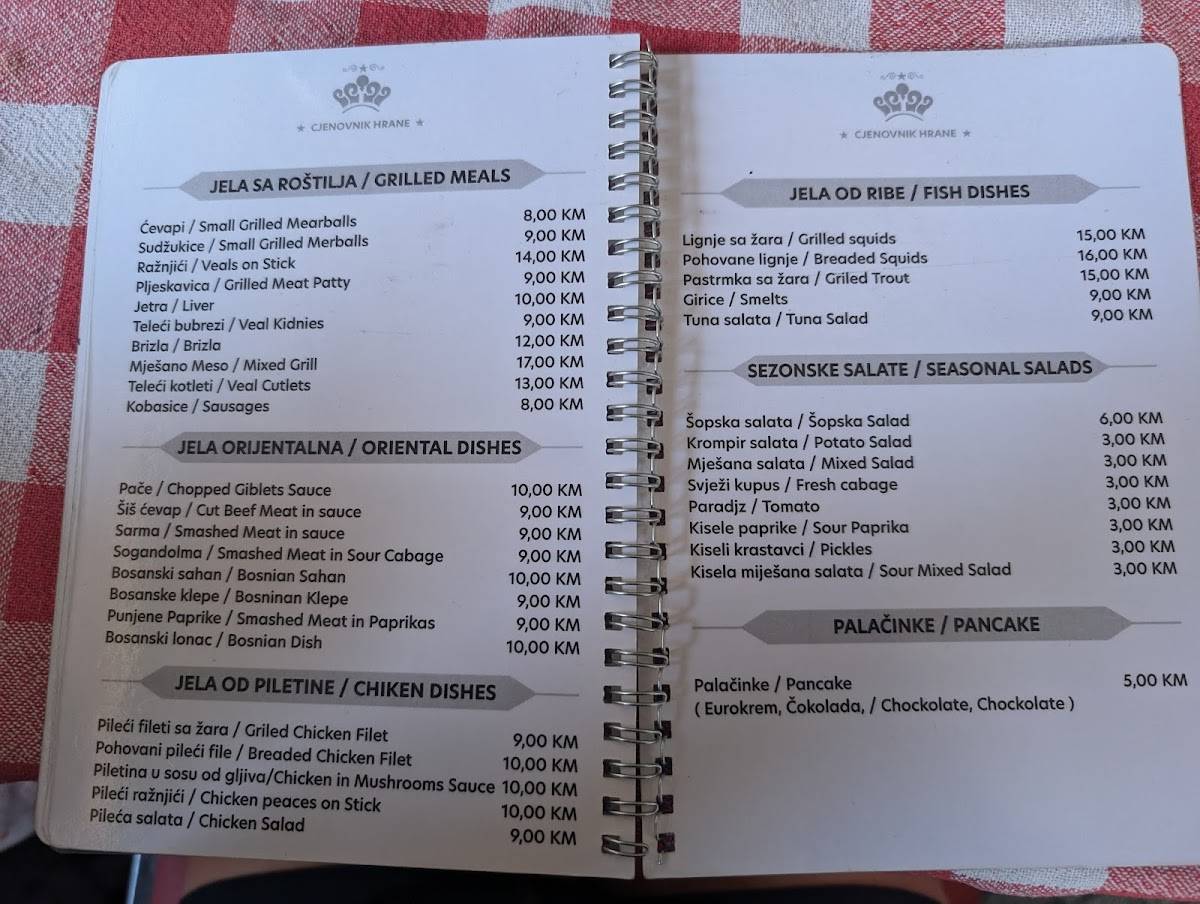 Menu at Bistro Sami restaurant, Sarajevo