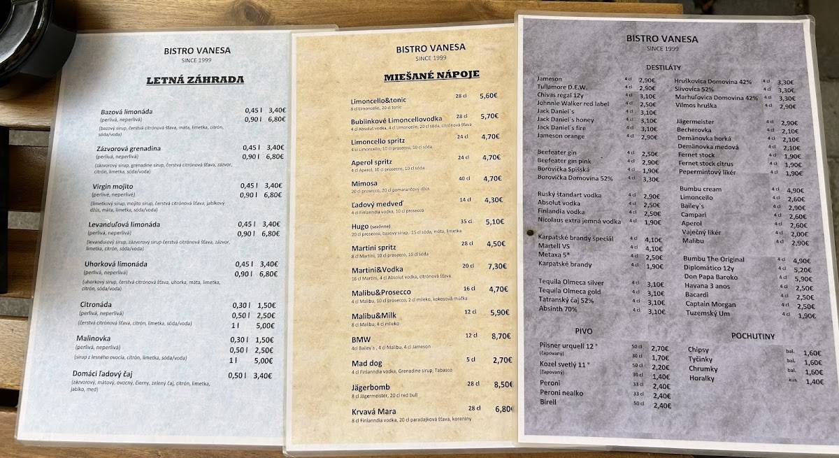 Menu at Bistro Vanessa pub & bar, Bratislava