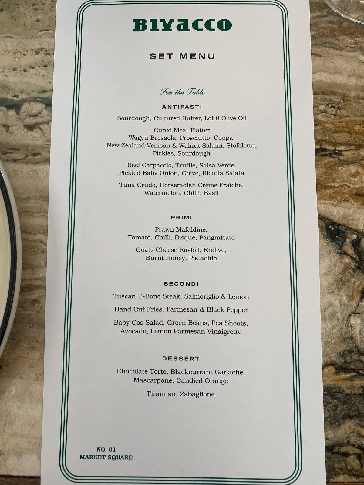 Menu at Bivacco restaurant, Auckland, 115 Customs St W