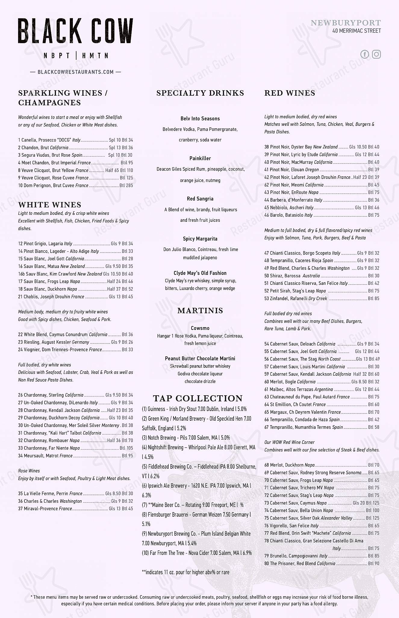 Menu at Black Cow restaurant, Newburyport
