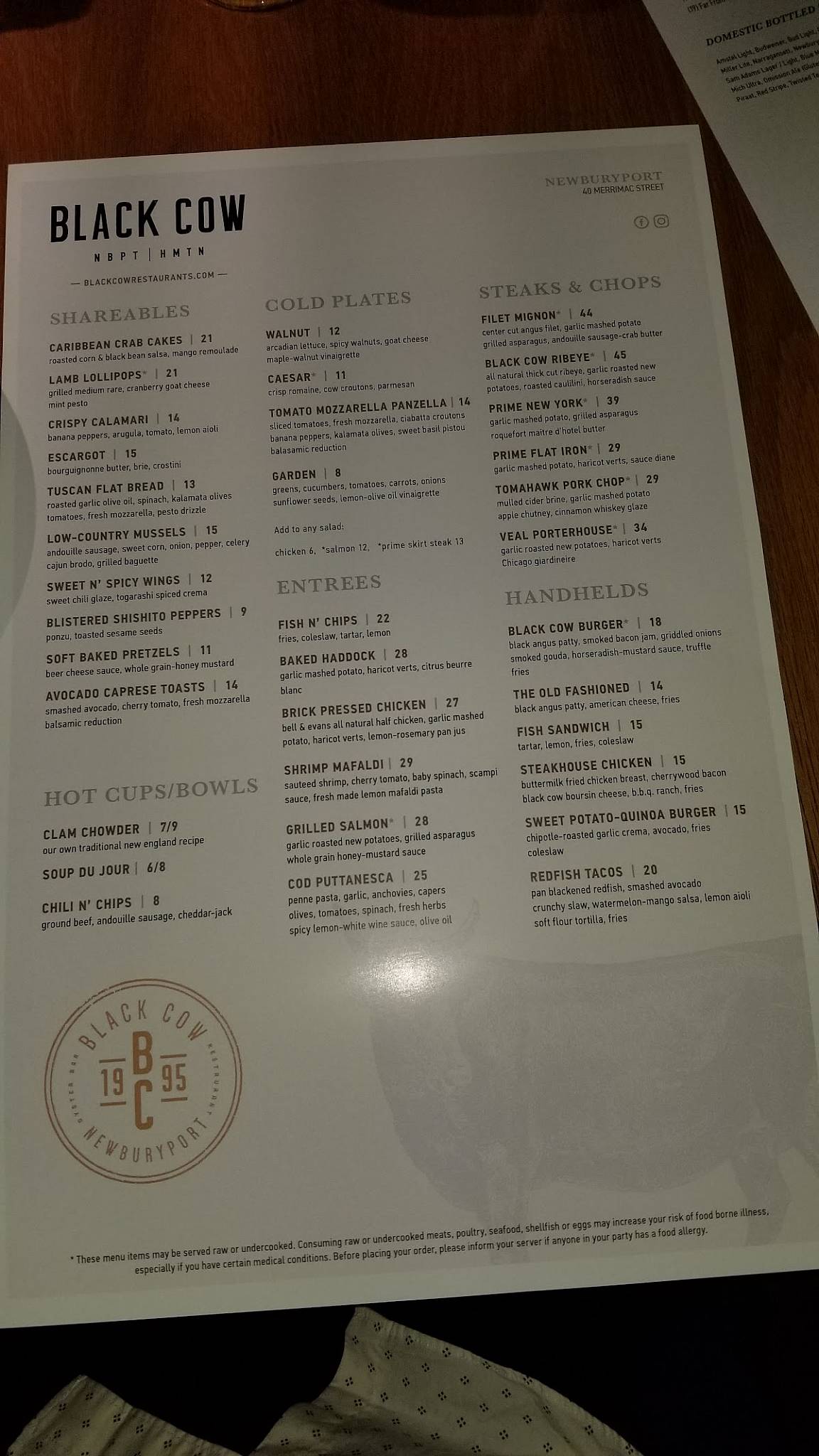 Menu at Black Cow restaurant, Newburyport