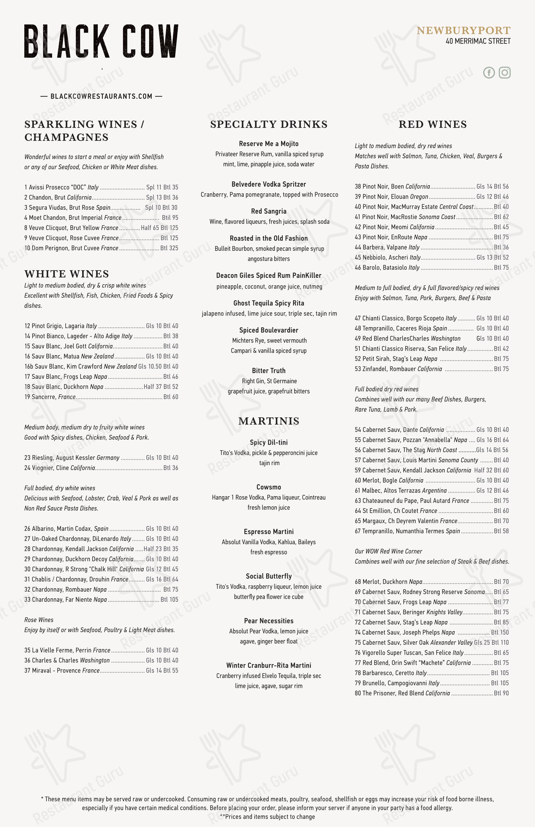 Menu at Black Cow restaurant, Newburyport