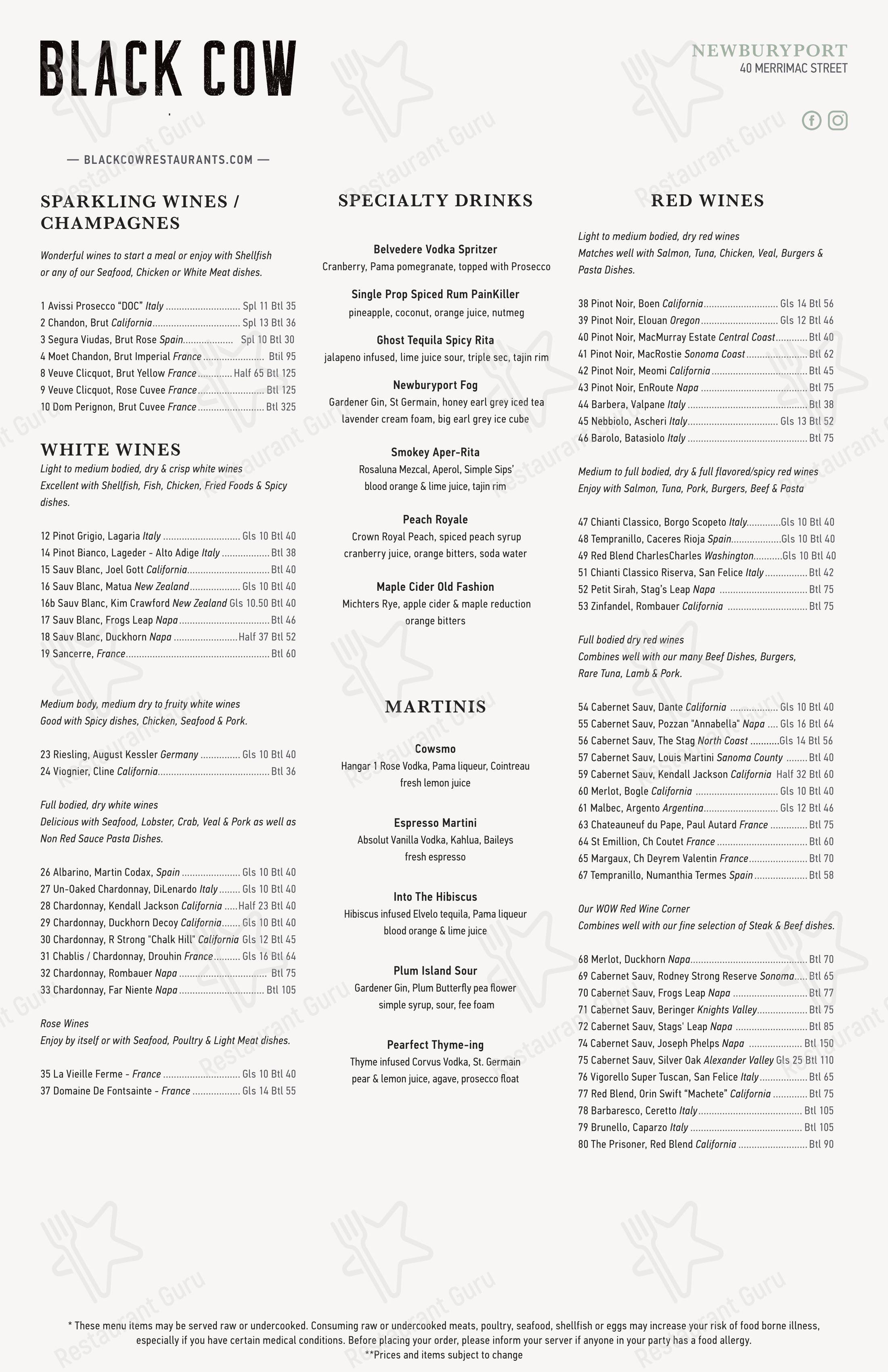 Menu at Black Cow restaurant, Newburyport