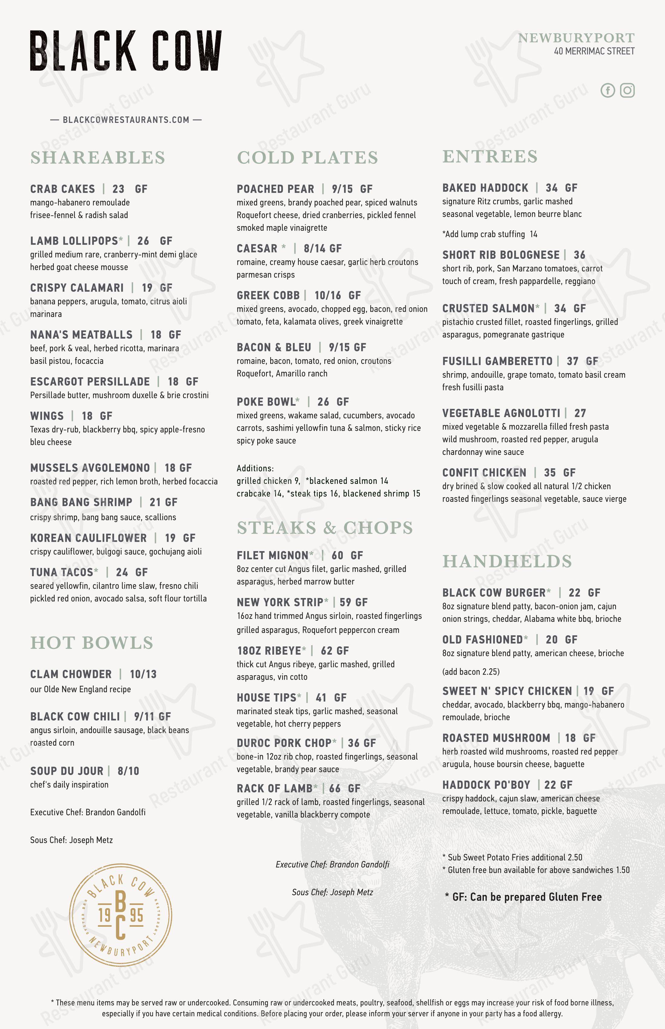 Menu at Black Cow restaurant, Newburyport