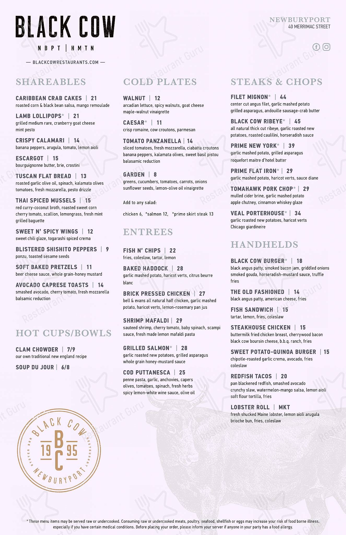 Menu at Black Cow restaurant, Newburyport
