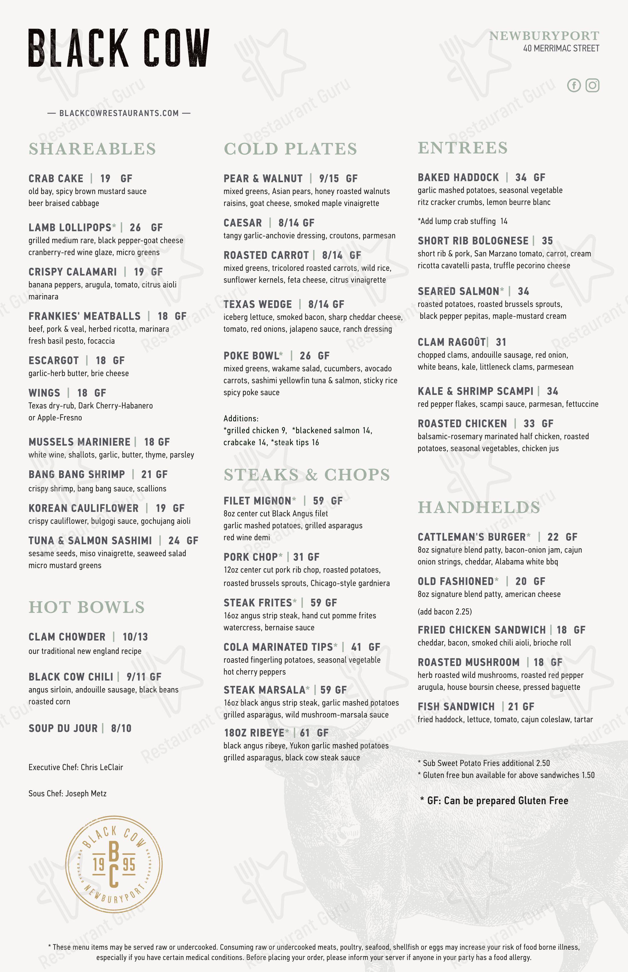 Menu at Black Cow restaurant, Newburyport