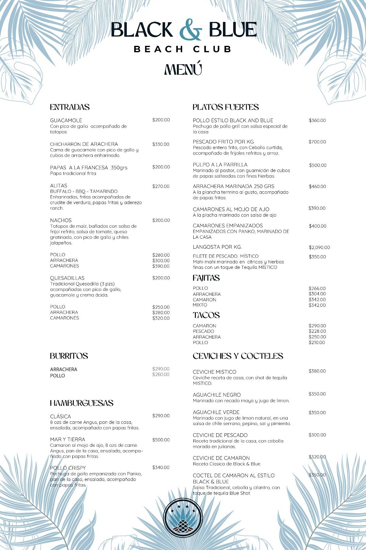 Menu at Cozumel beach Black and Blue restaurant, San Miguel de Cozumel