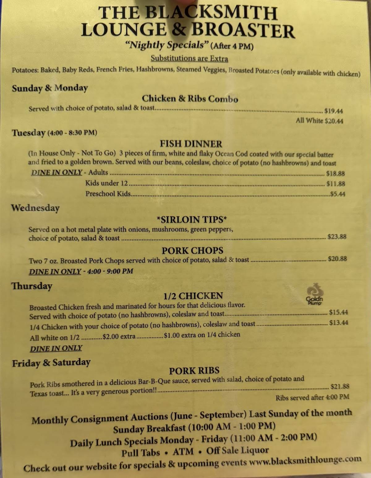 Menu at Blacksmith Lounge & Broaster restaurant, Hugo