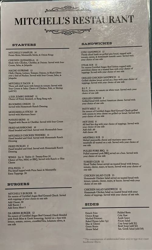 Menu at Mitchells Restaurant, Blackstone