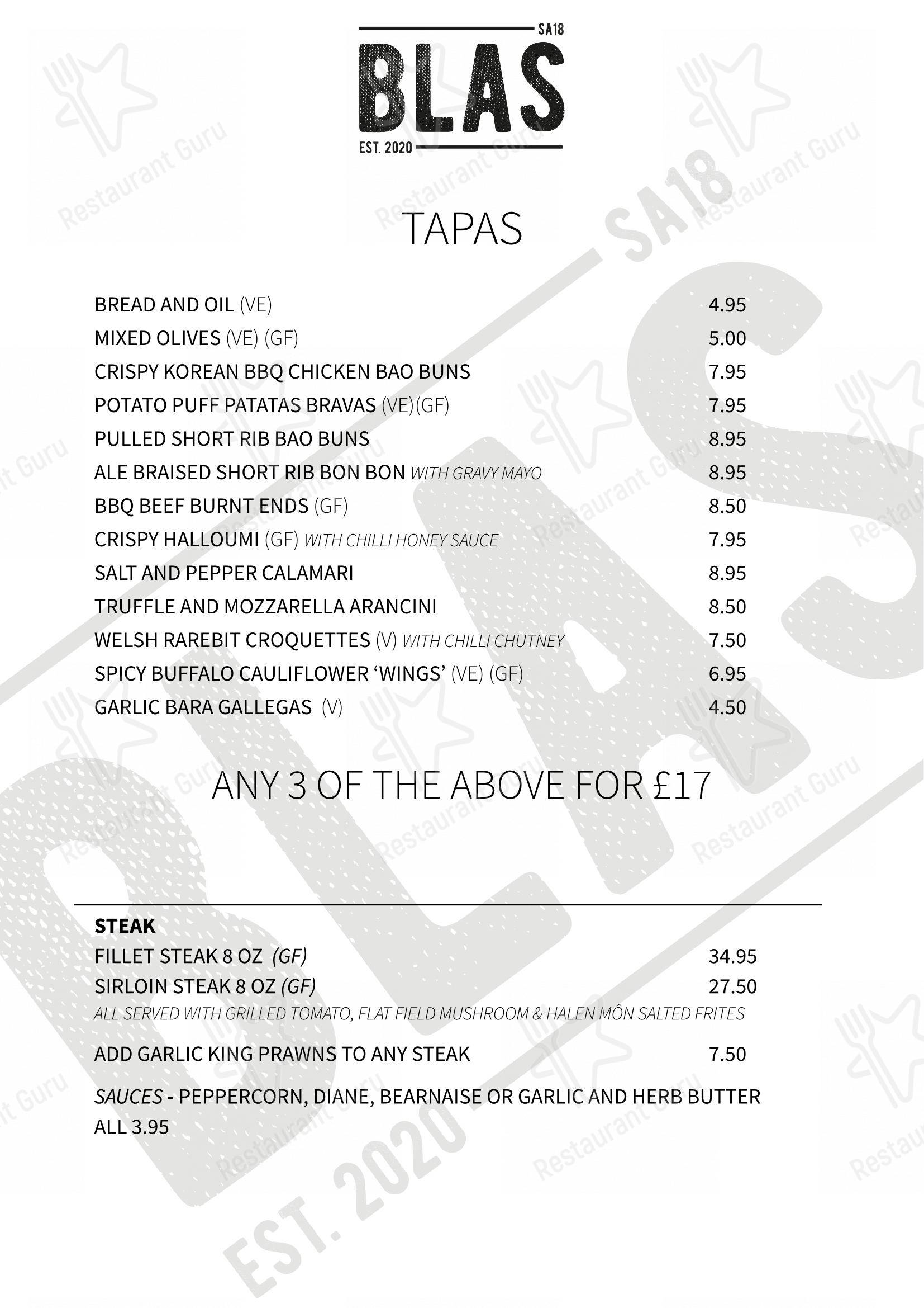 Menu at Blas restaurant, Ammanford