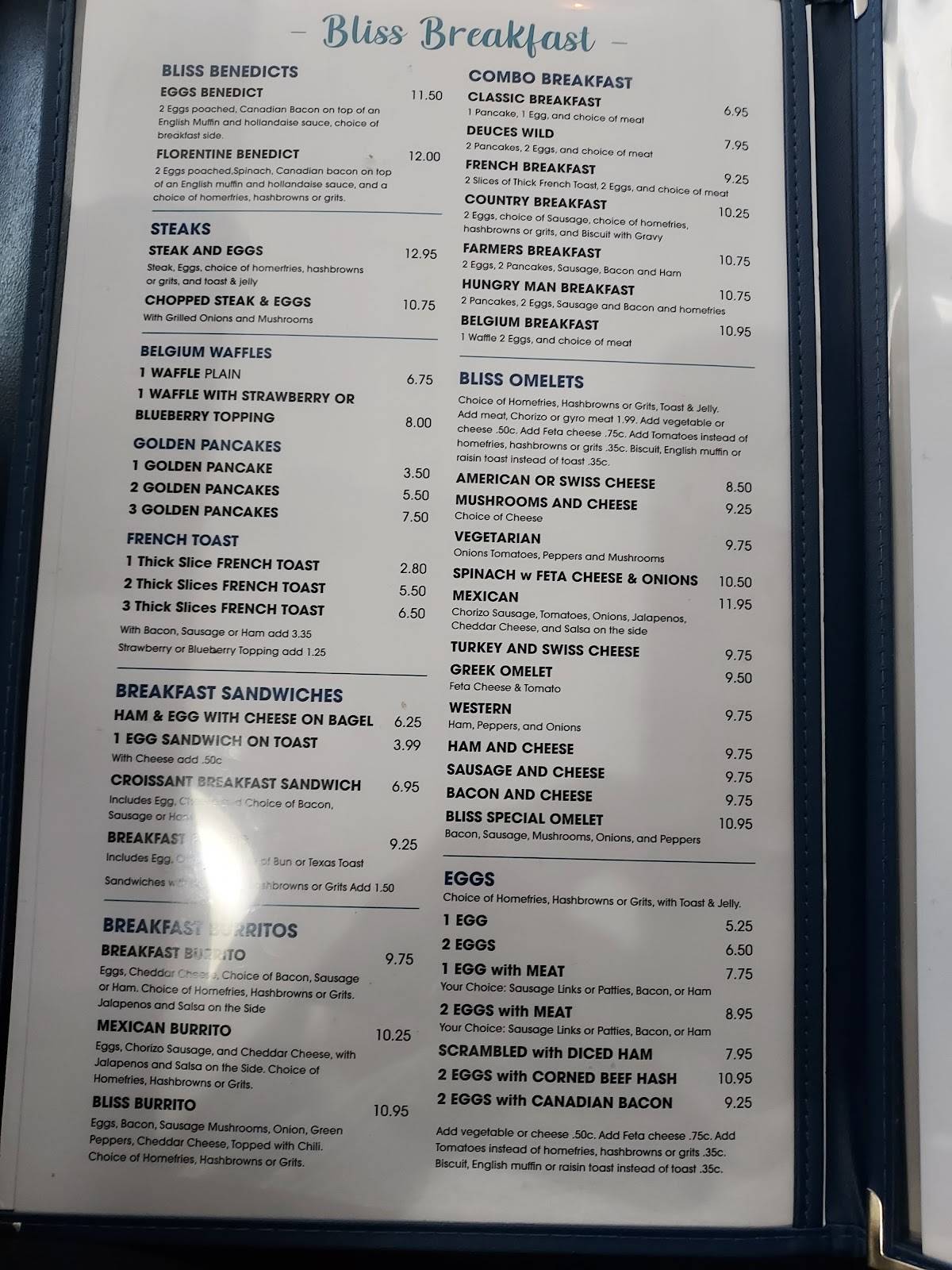 Menu at Bliss Cook House restaurant, Palm Harbor