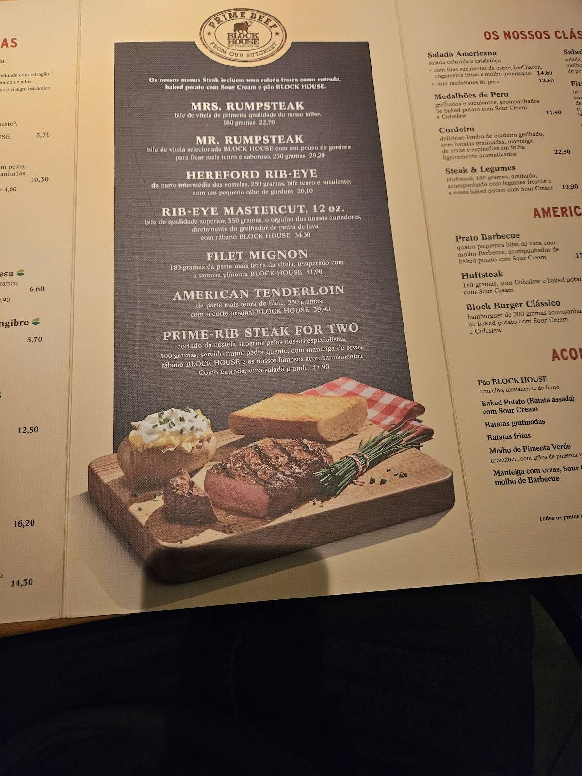 Menu at Block House BBQ, Lisbon