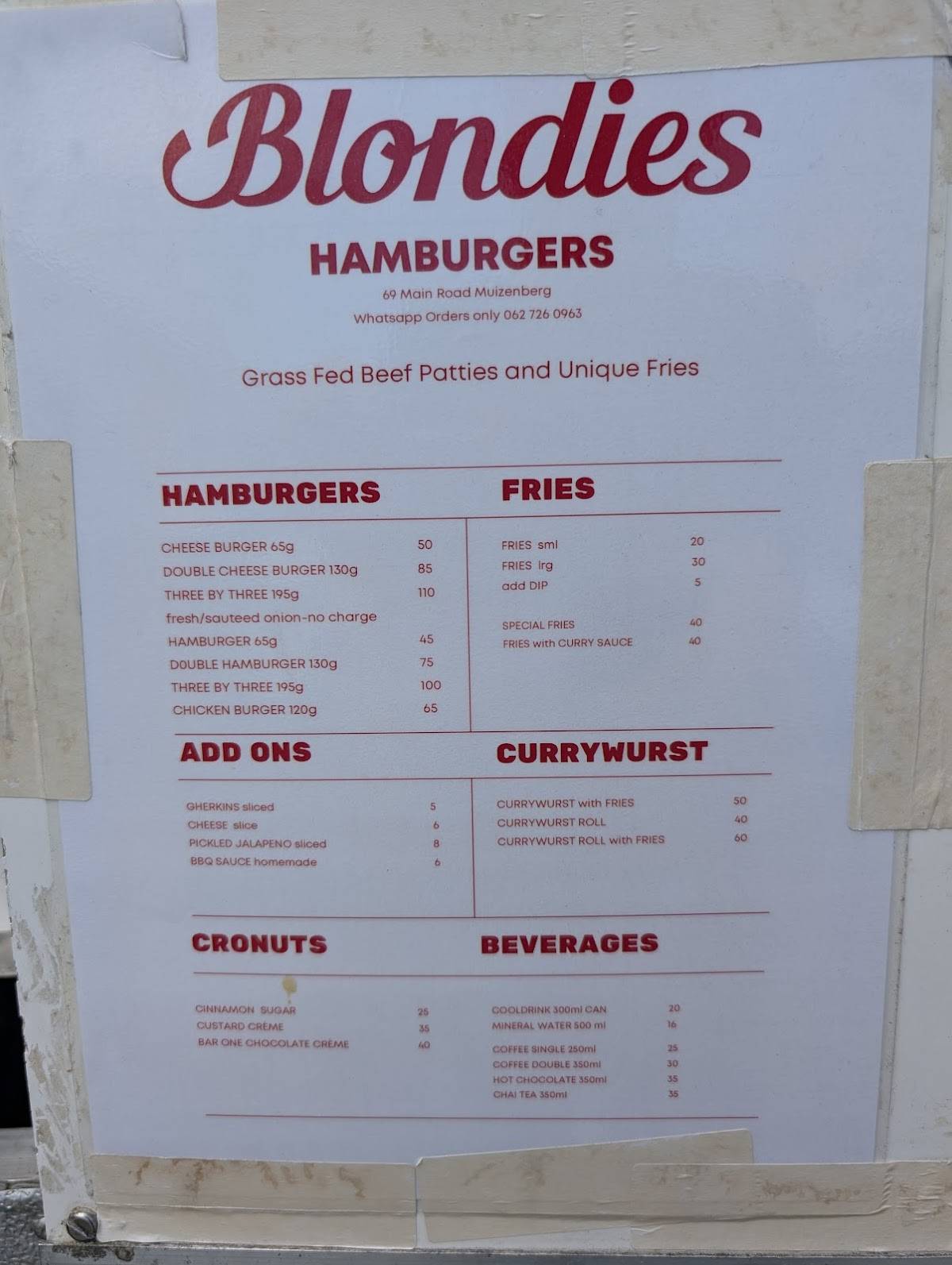 Menu at Blondies Hamburgers restaurant, Cape Town