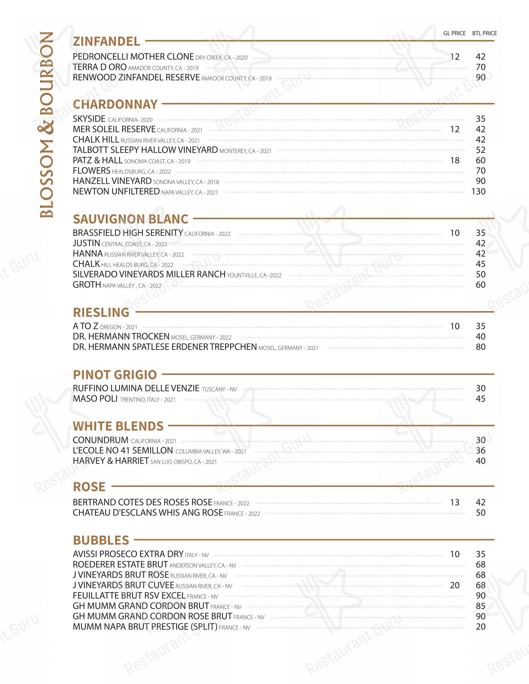 Menu at Blossom & Bourbon Restaurant, San Jose