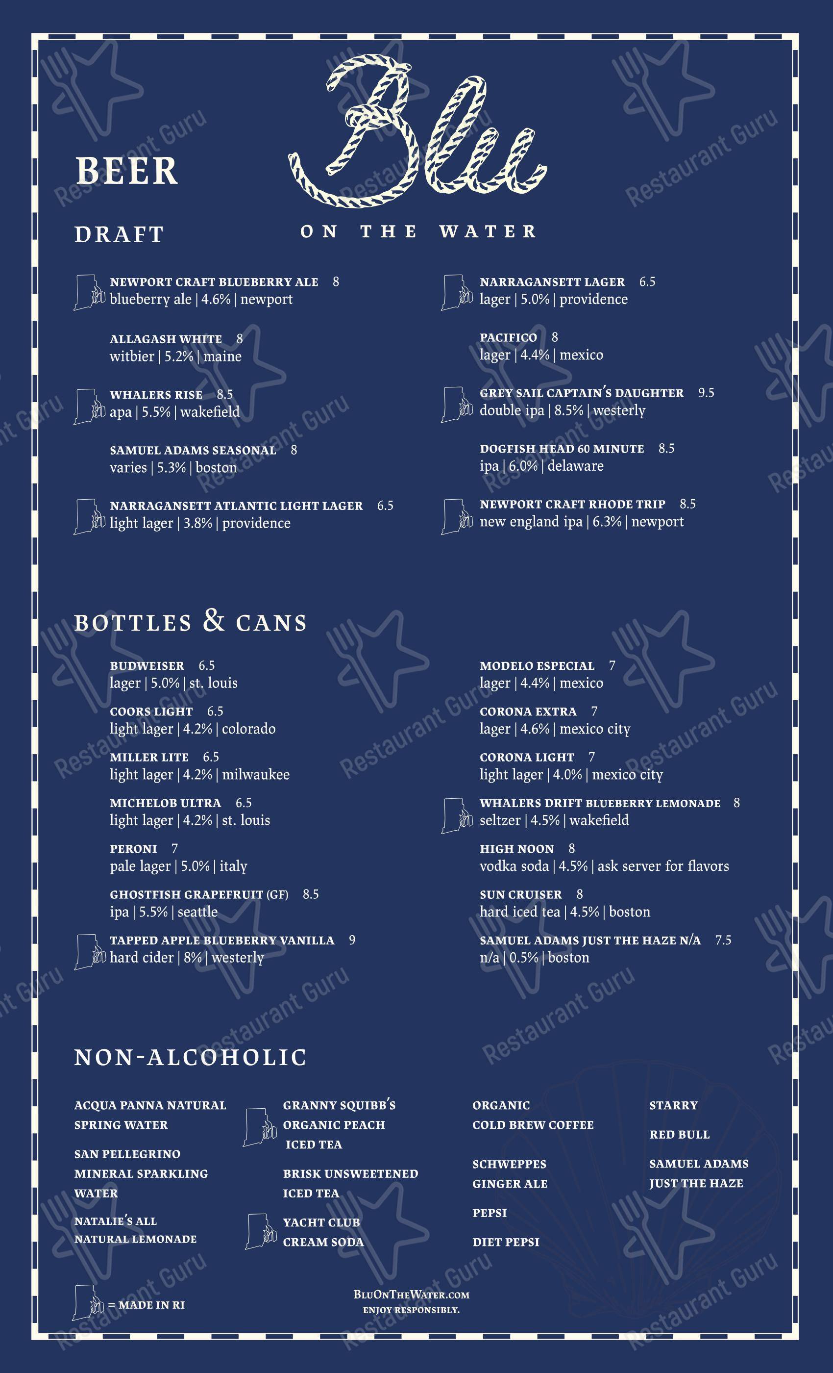 Menu at Blu On The Water pub & bar, East Greenwich
