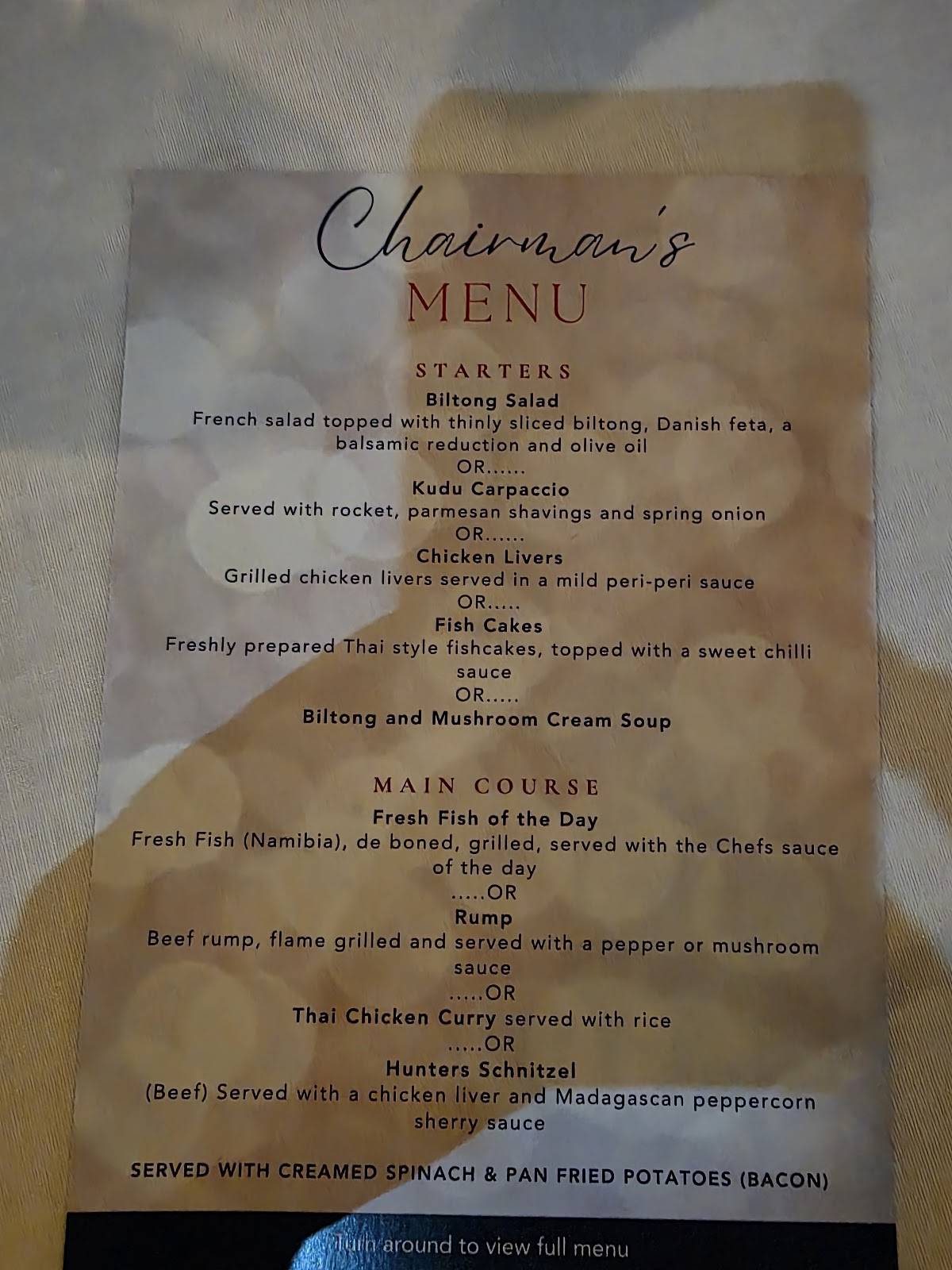 Menu at Blu Saffron restaurant, Pretoria