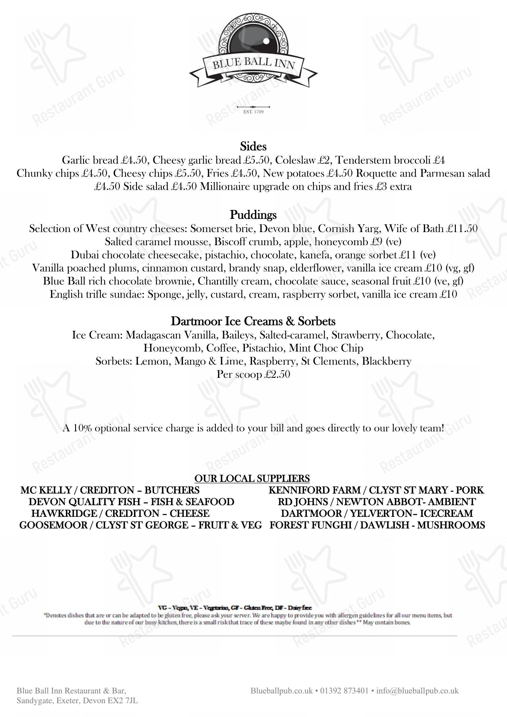 Menu at Blue Ball Inn pub & bar, Exeter