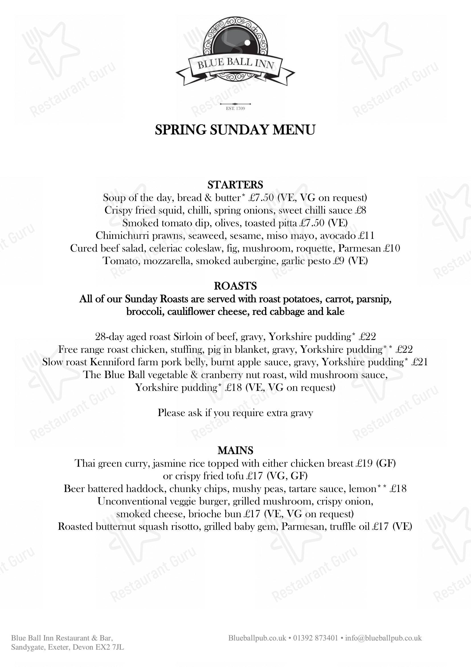 Menu at Blue Ball Inn pub & bar, Exeter