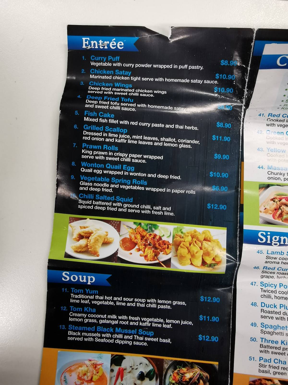Menu at Blue Elephant Thai restaurant, Darlinghurst