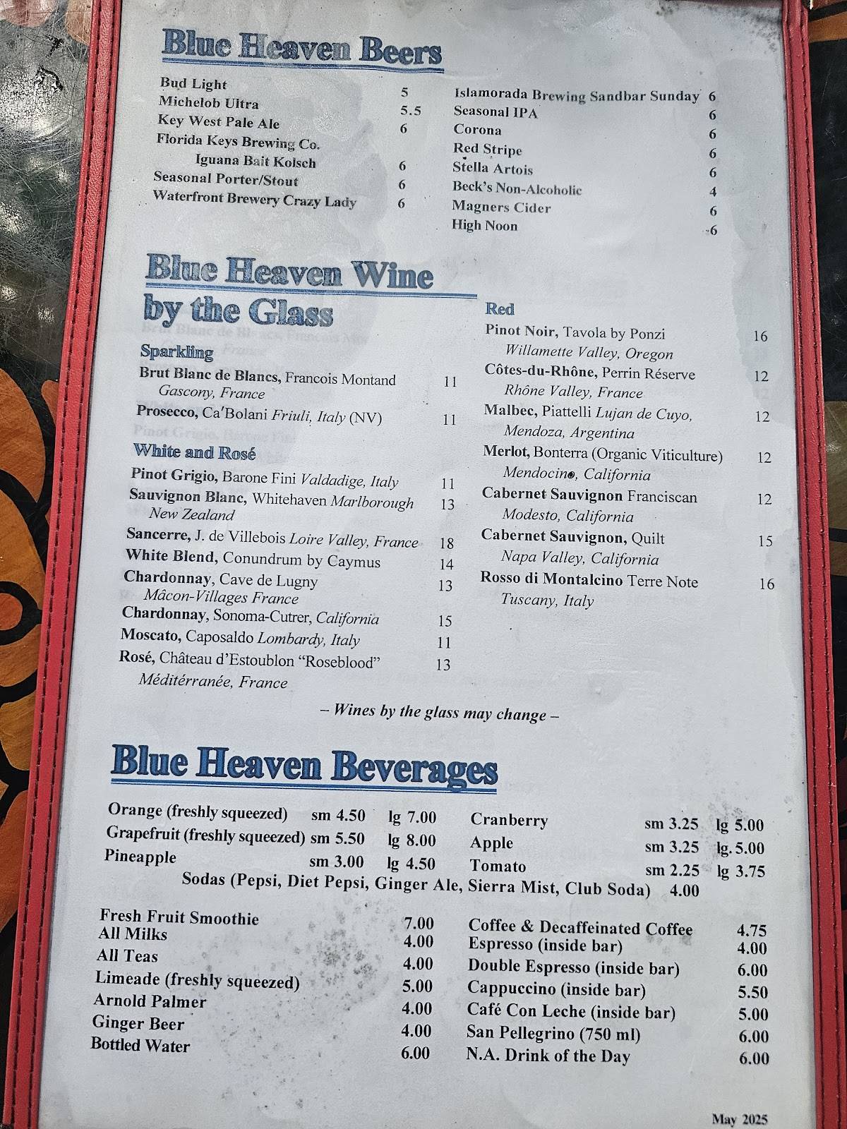 Menu at Blue Heaven restaurant, Key West