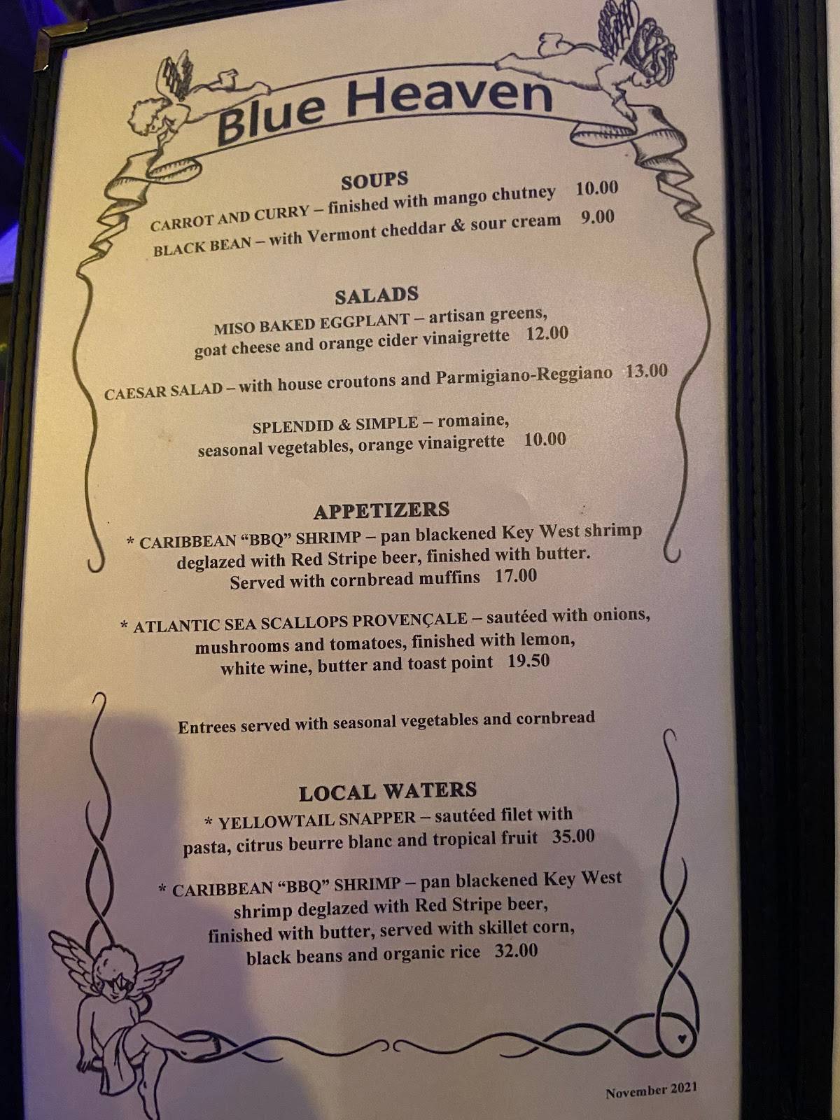 Menu at Blue Heaven restaurant, Key West