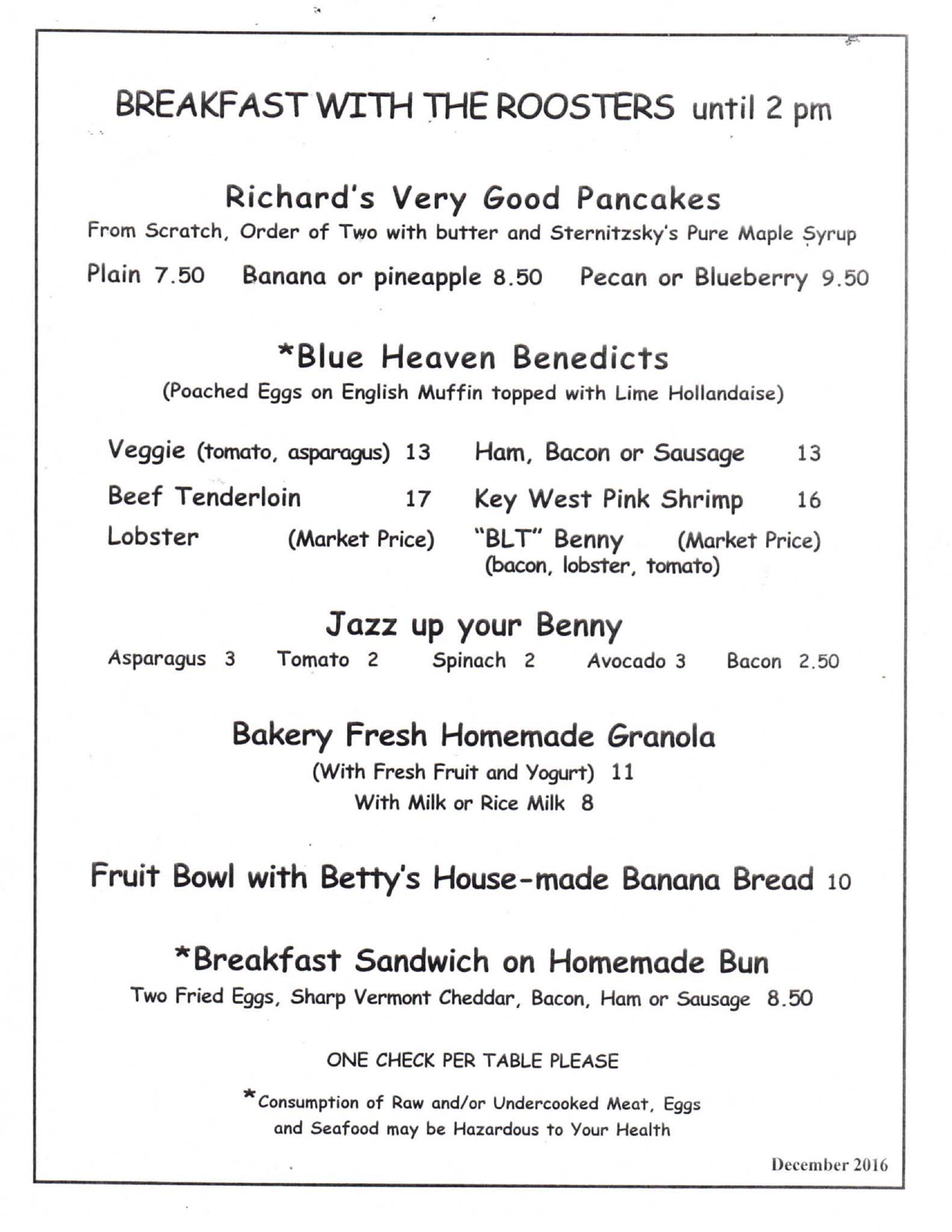 Menu at Blue Heaven restaurant, Key West