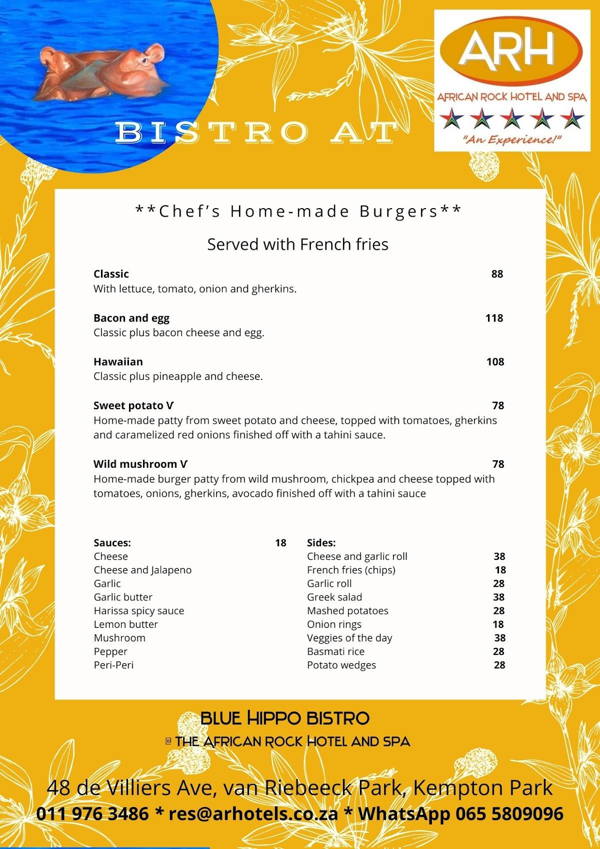Menu at Blue Hippo Bistro, Kempton Park