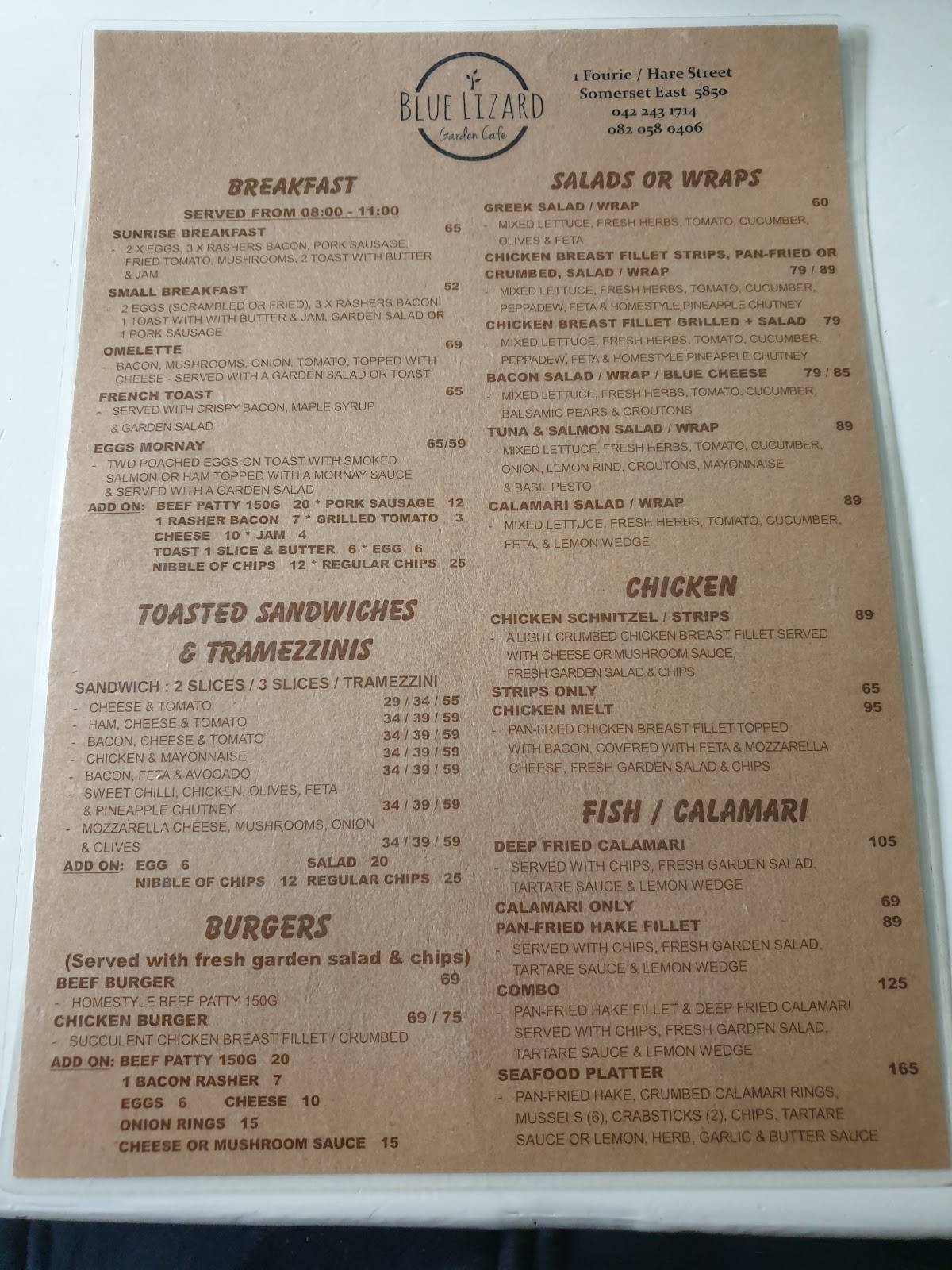 Menu at Blue Lizard Garden Cafe, Somerset East