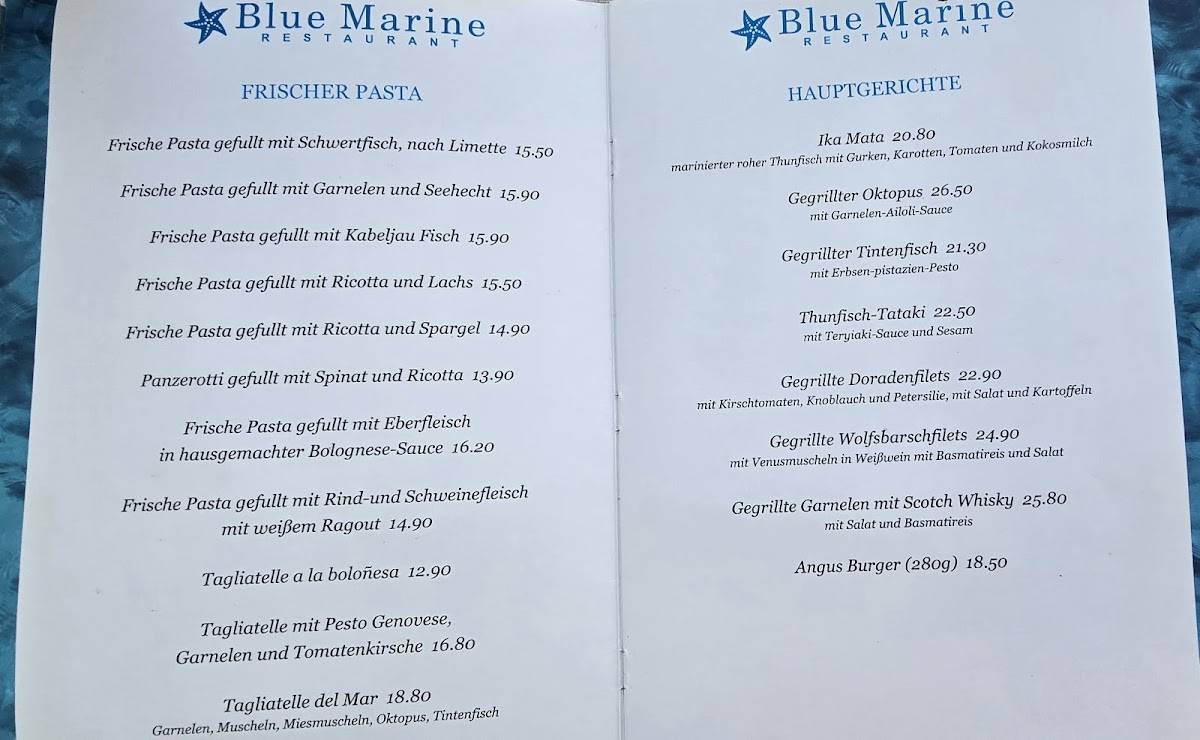 Menu at Blue Marine restaurant, Can Picafort