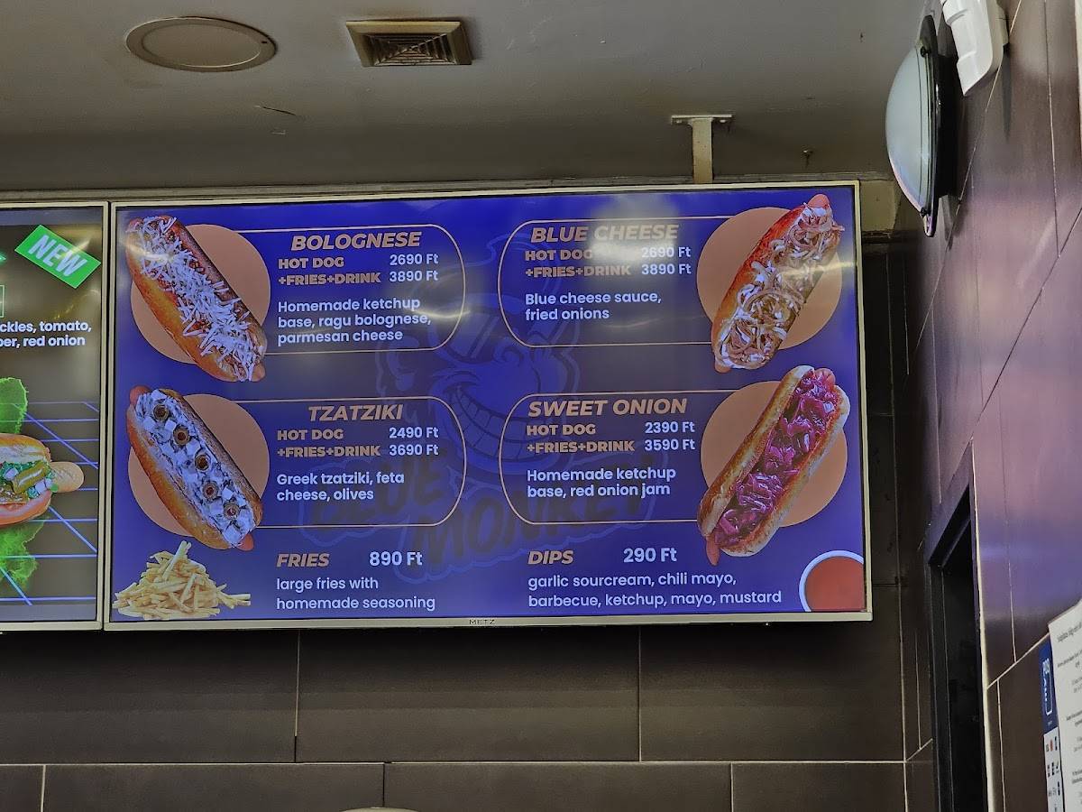 Carta del restaurante Blue Monkey Hot Dog, Budapest