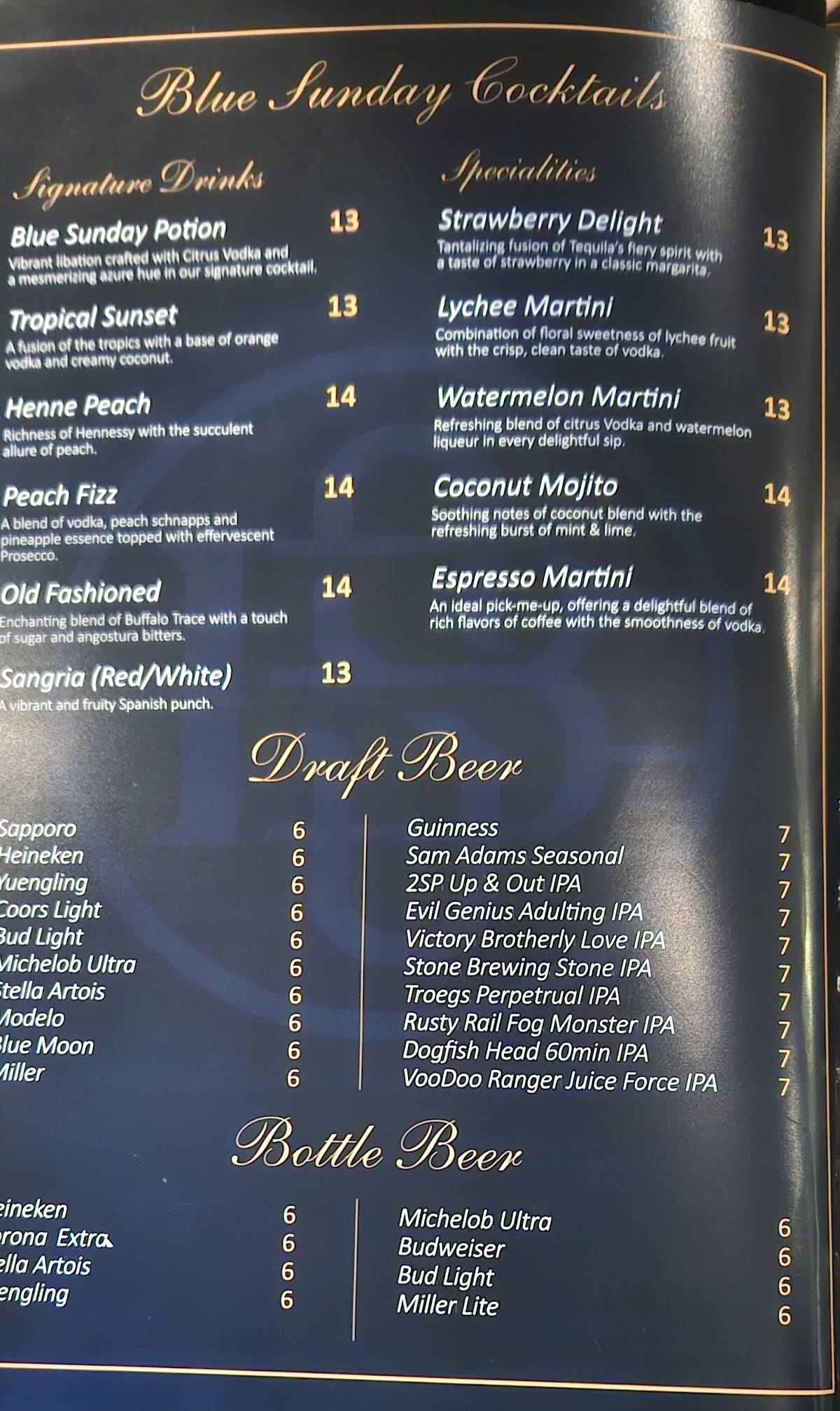 Menu at Blue Sunday Bar & Grill, Bensalem