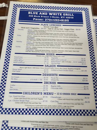 Menu at Blue and White Grill restaurant, Hazel