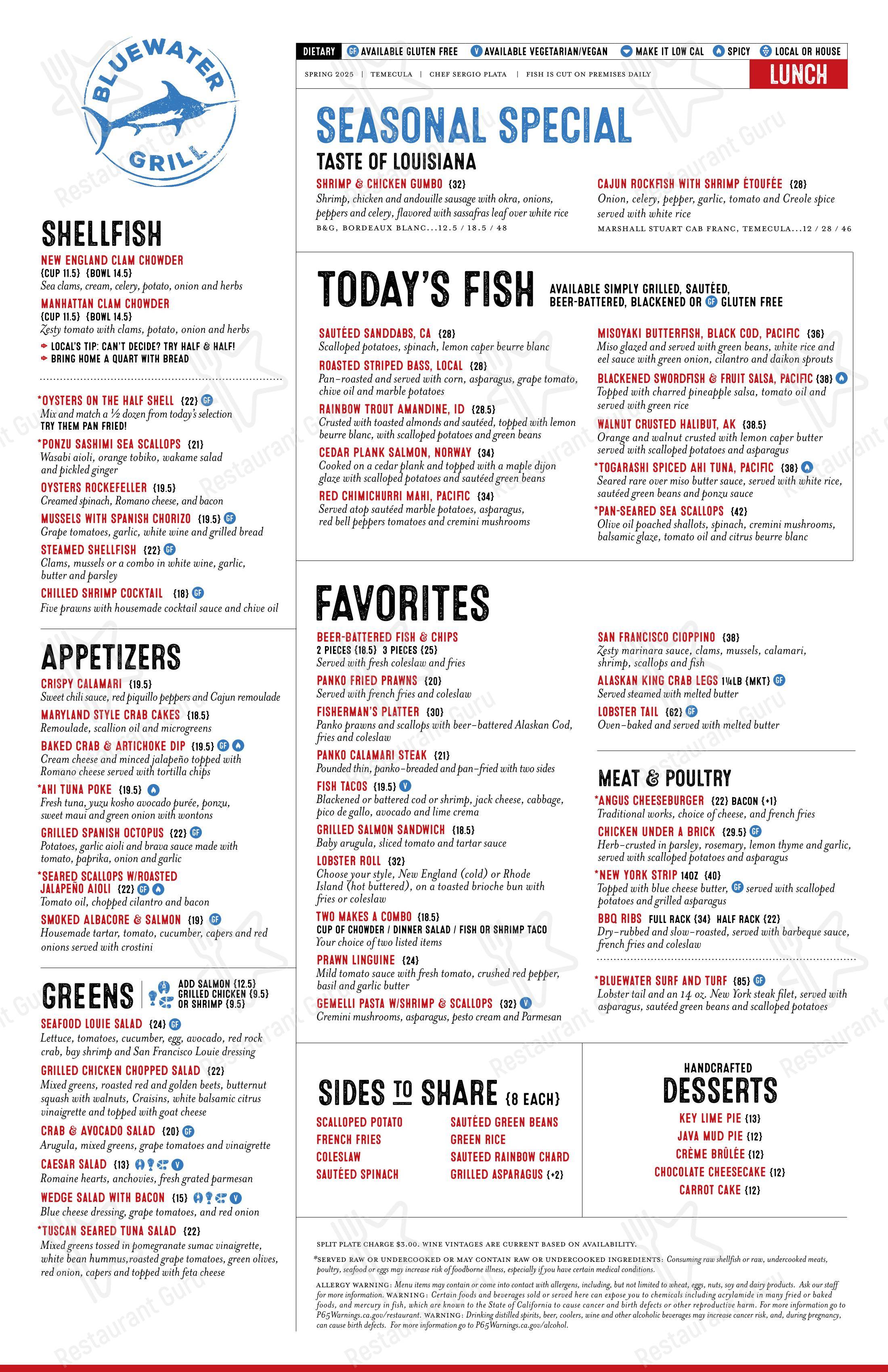 Menu at Bluewater Grill restaurant, Temecula