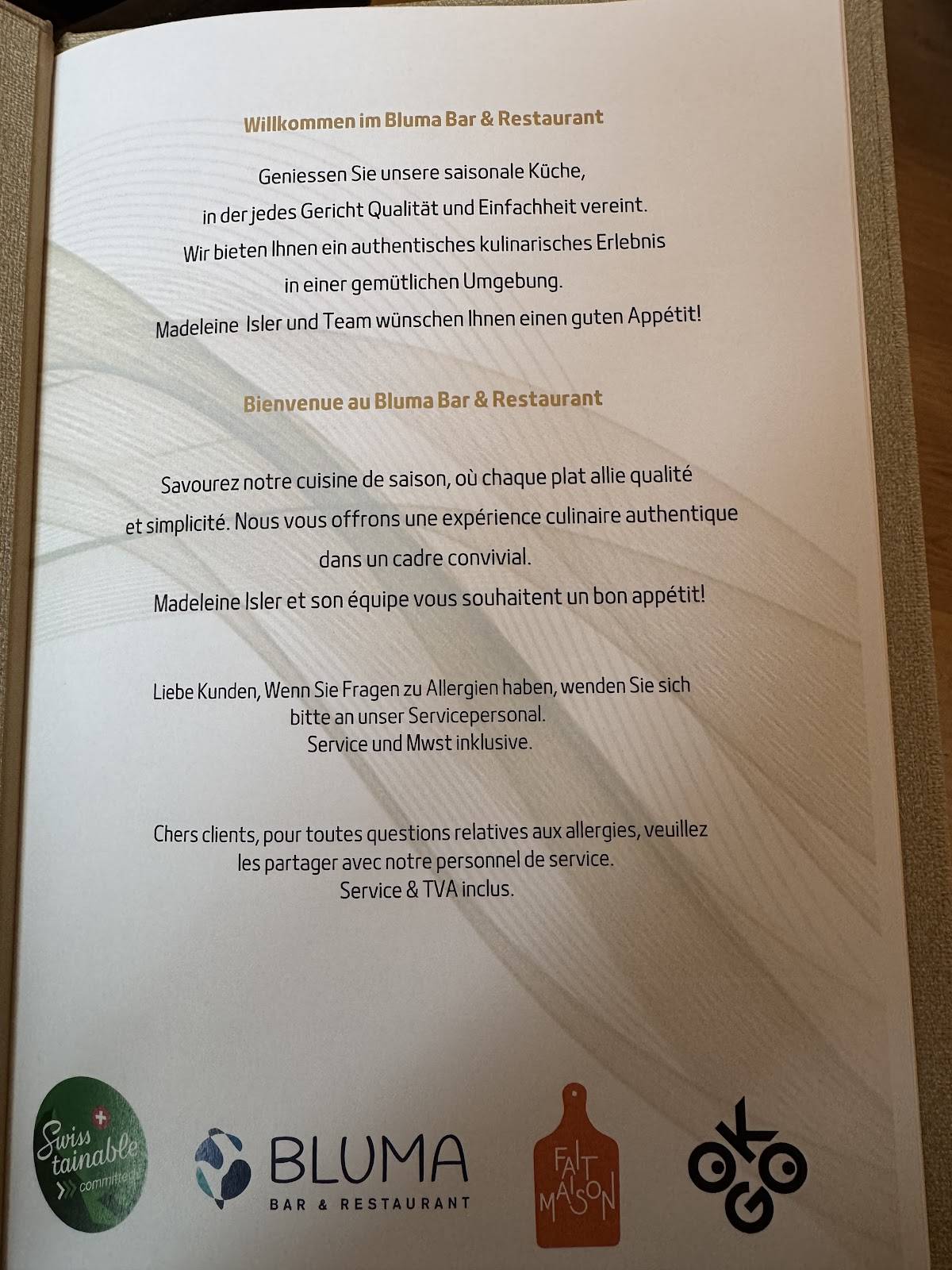 Speisekarte von Bluma Bar & Restaurant, Biel