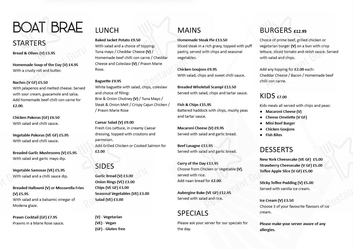 Menu at Boat Brae restaurant, Newport-on-Tay
