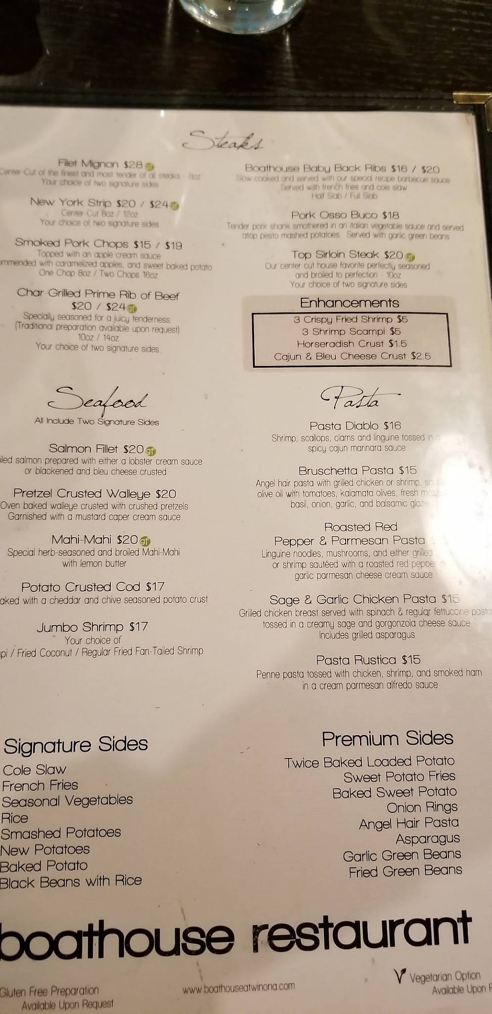 Menu at Boathouse Restaurant, Winona Lake