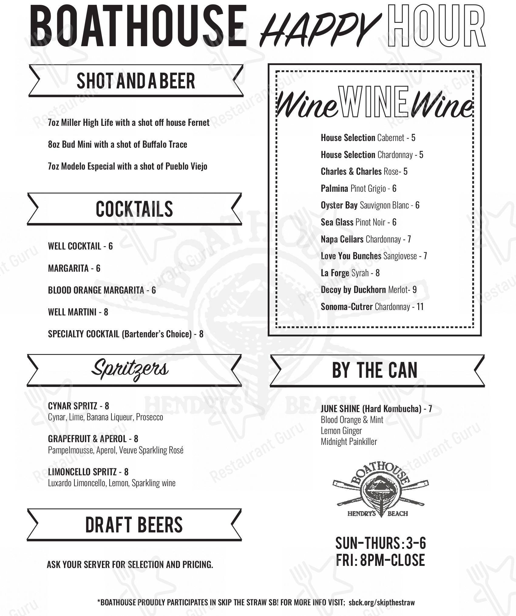 Menu at Boathouse at Hendry's Beach restaurant, Santa Barbara