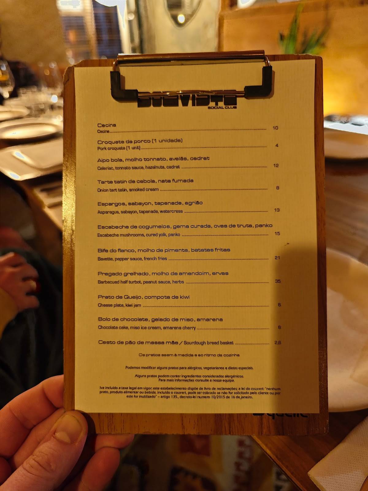 Menu at Boavista Social Club, Lisbon