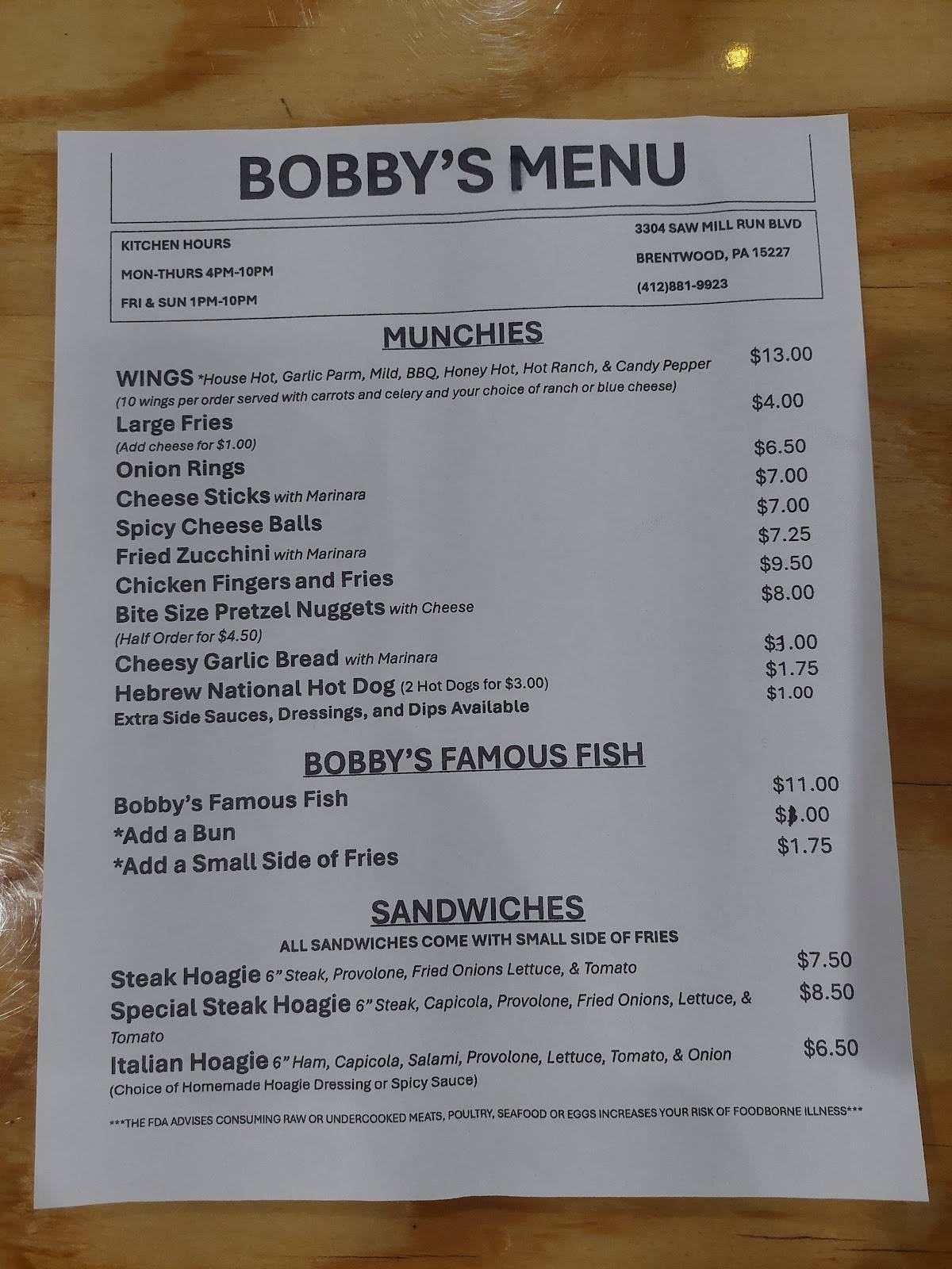 Menu at Bobby's Lounge pub & bar, Pittsburgh, Saw Mill Run Blvd